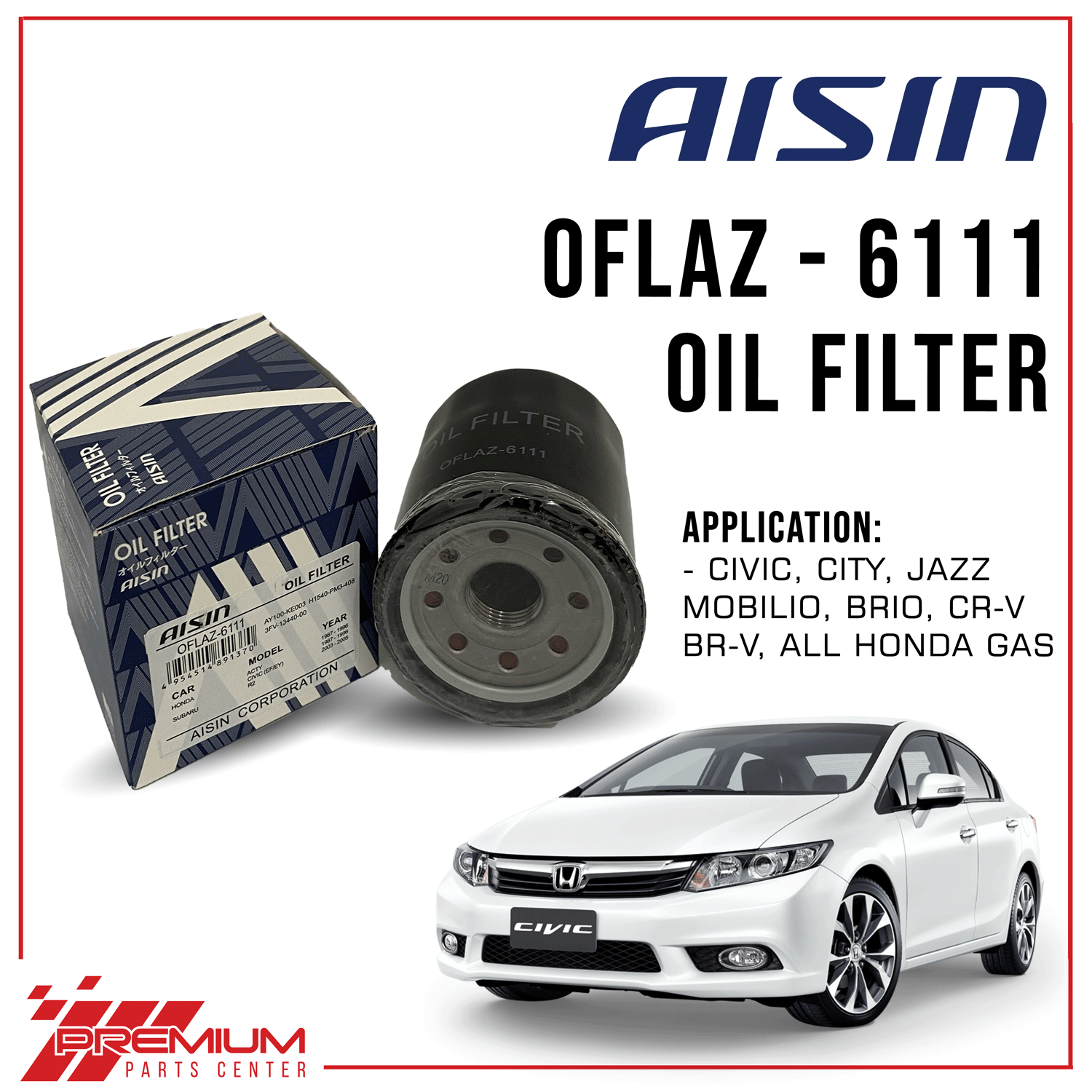 AISIN Oil Filter OFLAZ-6111 (Cross Ref. VIC C-806) for HONDA CIVIC ...