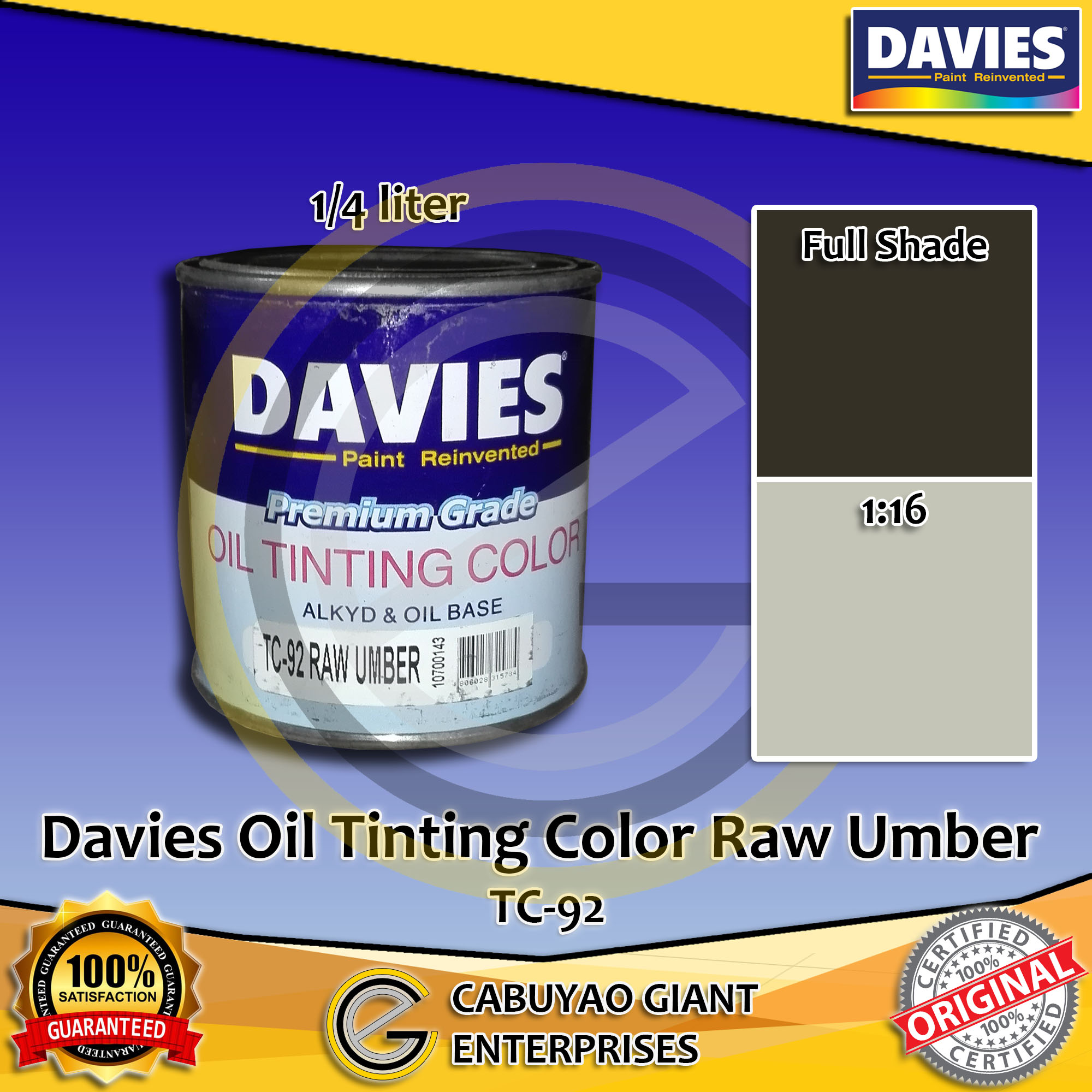 Davies Oil Tinting Color Alkyd and Oil Base TC-92 Raw Umber (1/4 liter ...