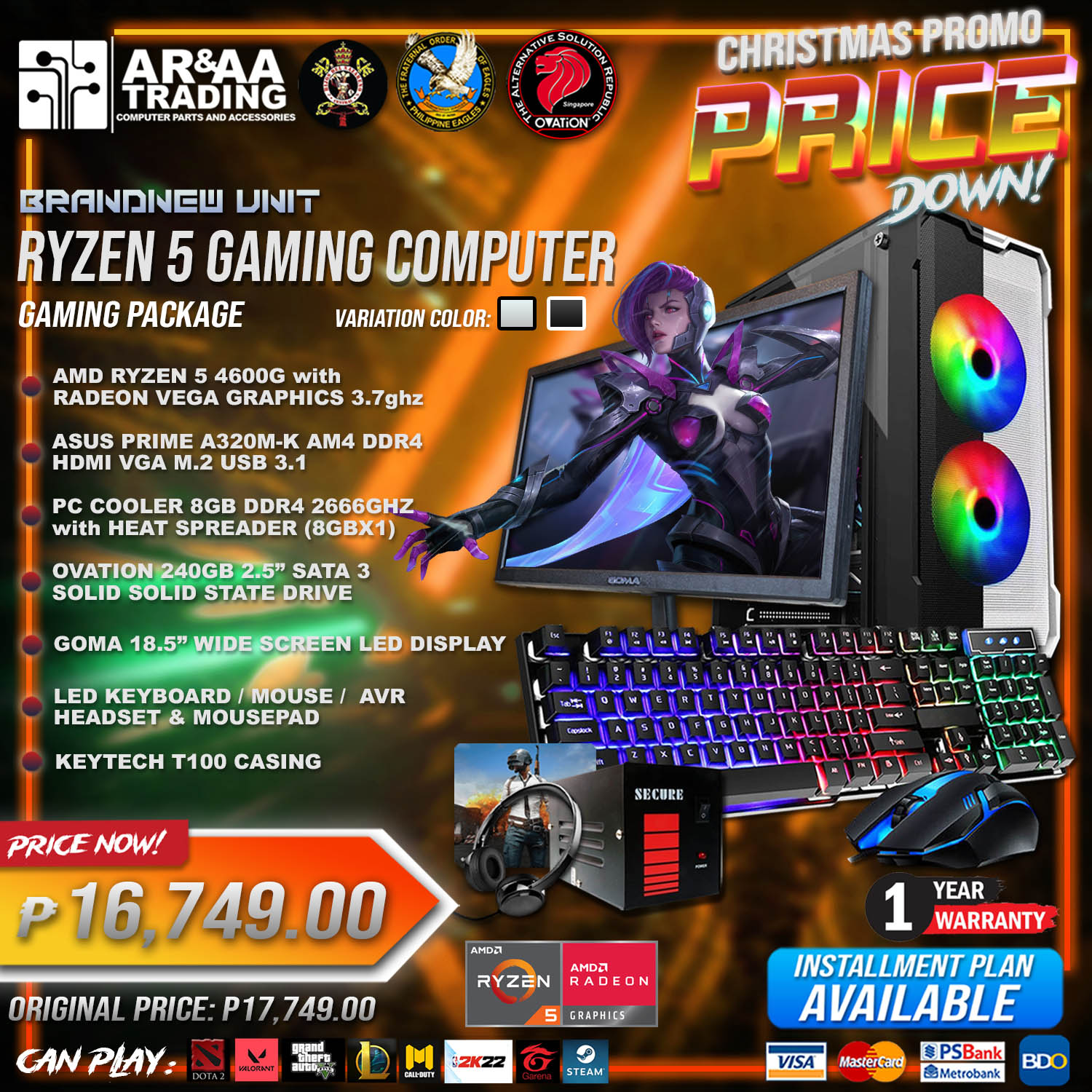 BRANDNEW Computer Set CPU Keytech T100-AMD Ryzen 5 4600G 3.7ghz-8gb ...