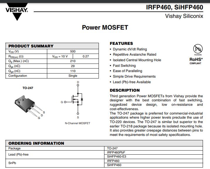 Transistor IRFP460 / irfp460 / irfp460pbf N-Channel MOSFET 500V 20amp ...