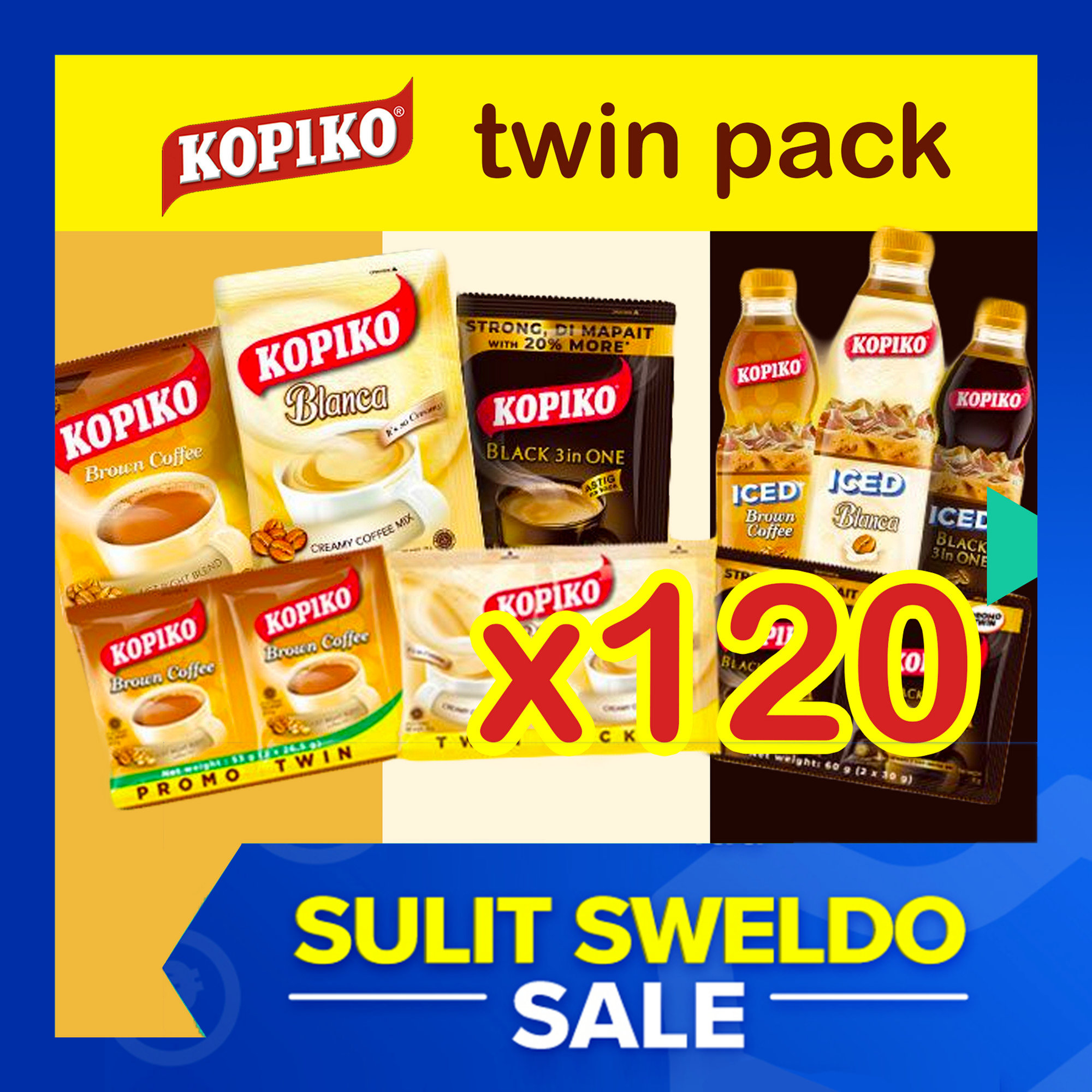 120 Twin Packs 3 IN 1 INSTANT COFFEE KOPIKO Blanca Brown Black (12x 10x ...