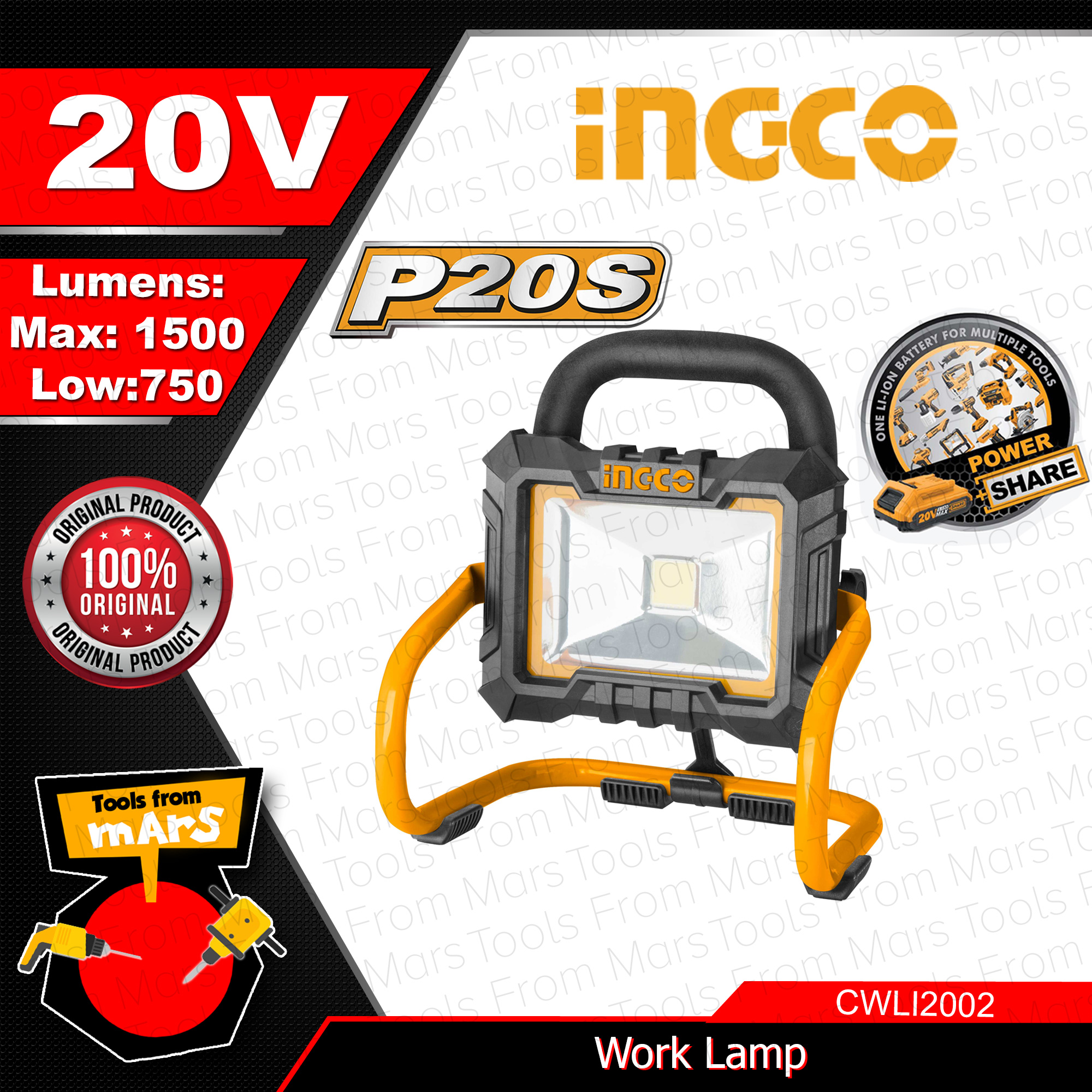 INGCO Cordless Work Lamp Lithium-Ion 20V CWLI2002 POWERSHARE •TOOLS ...