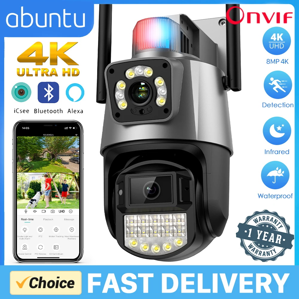 Abuntu 8MP 4K WiFi IP Camera Outdoor PTZ Dual Lens Dual Screen Auto ...