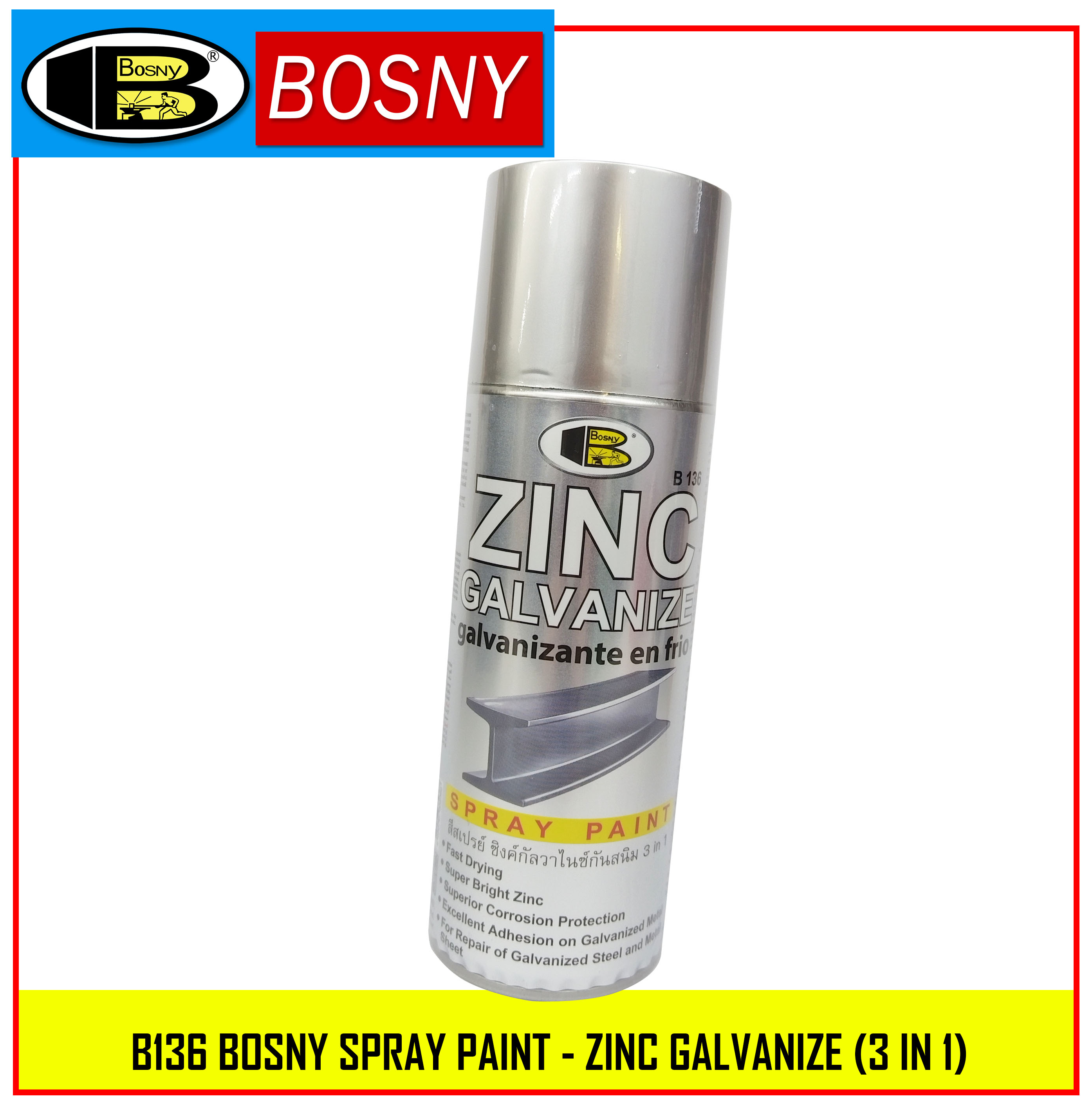 BOSNY SPRAY PAINT B136 ZINC GALVANIZE (BRIGHT GALVANIZE 3 IN 1) | Lazada PH