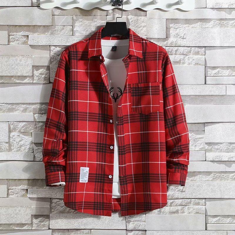[Spot] Street Fashion Labeled Plaid Long Sleeve Shirt Men s Loose ...