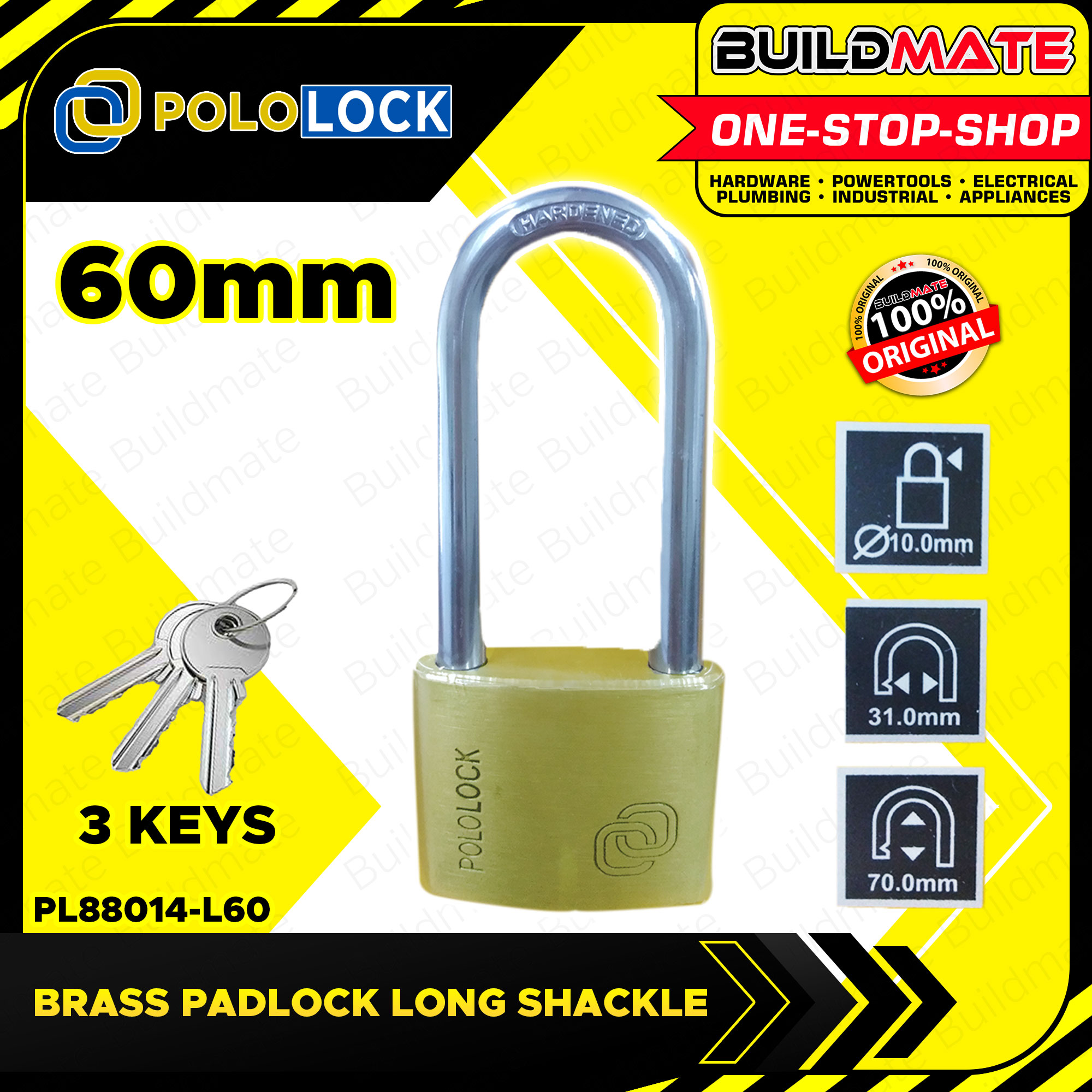 BUILDMATE Pololock Heavy Duty Brass Padlock LONG Shackle 20MM - 60MM ...