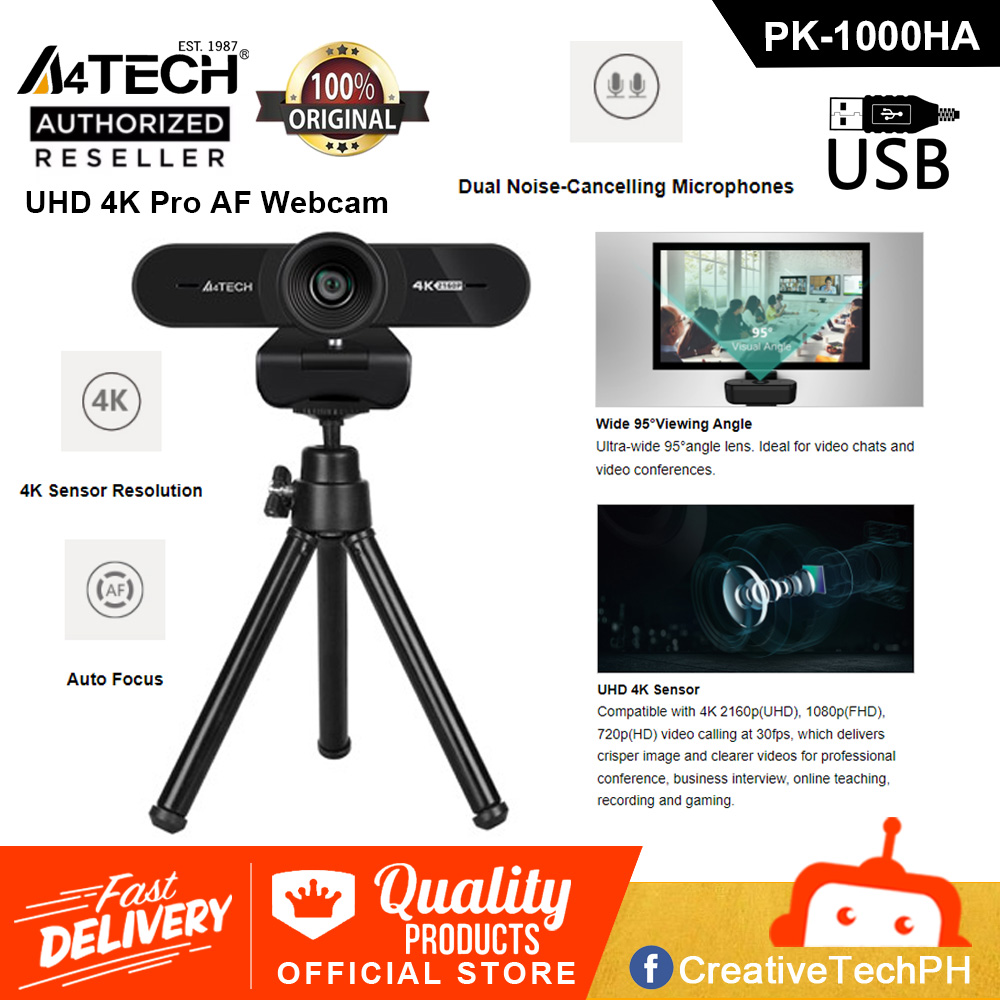 A4Tech PK-1000HA UHD 4K Pro AF Webcam (4K Sensor Resolution, Dual Noise ...