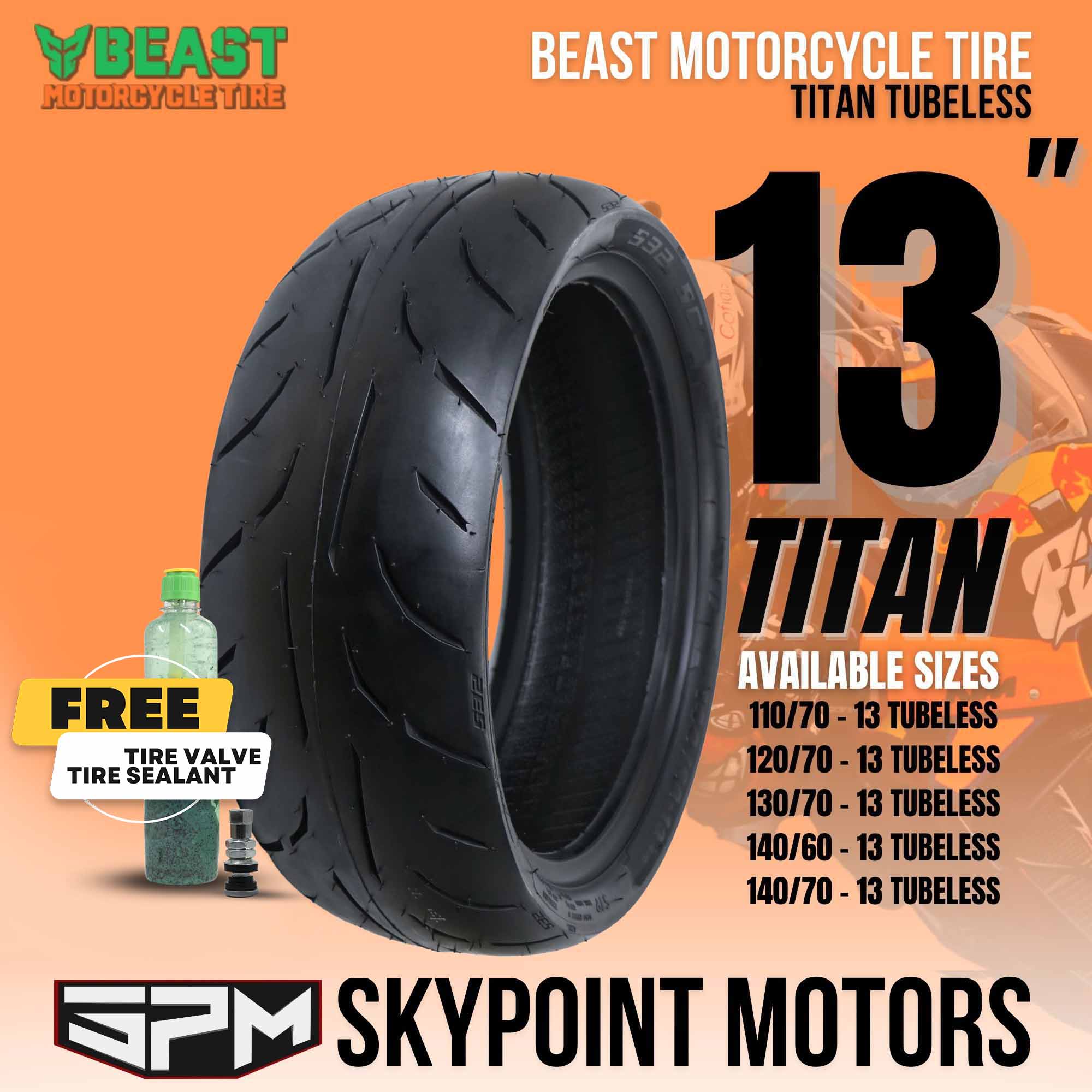 BEAST Tubeless Tire 13 - Motorcycle TITAN 4PR 110/70-13, 120/70-13, 130 ...