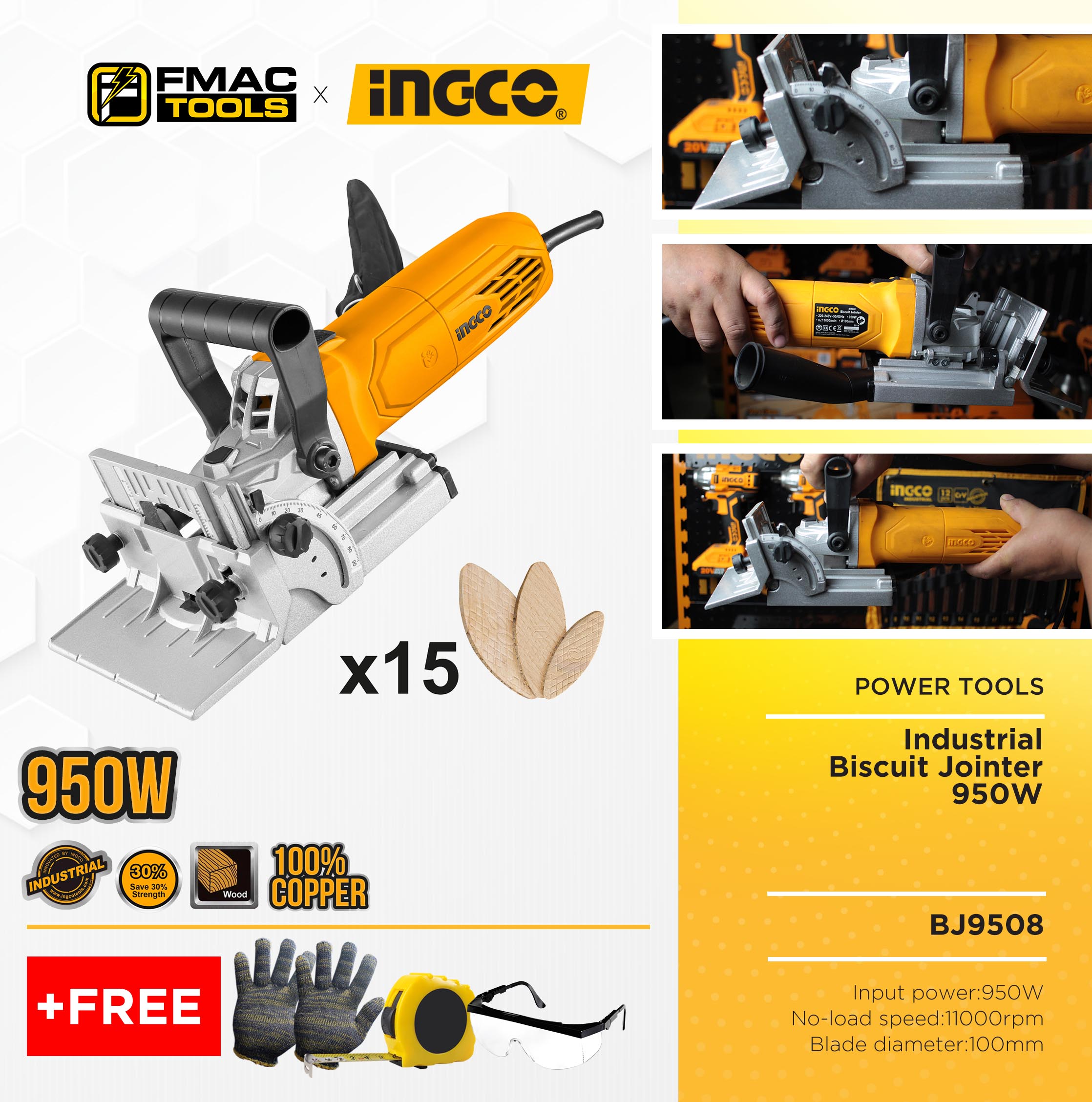 INGCO Industrial Biscuit Jointer 950W BJ9508 + FREEBIES FMAC TOOLS ...