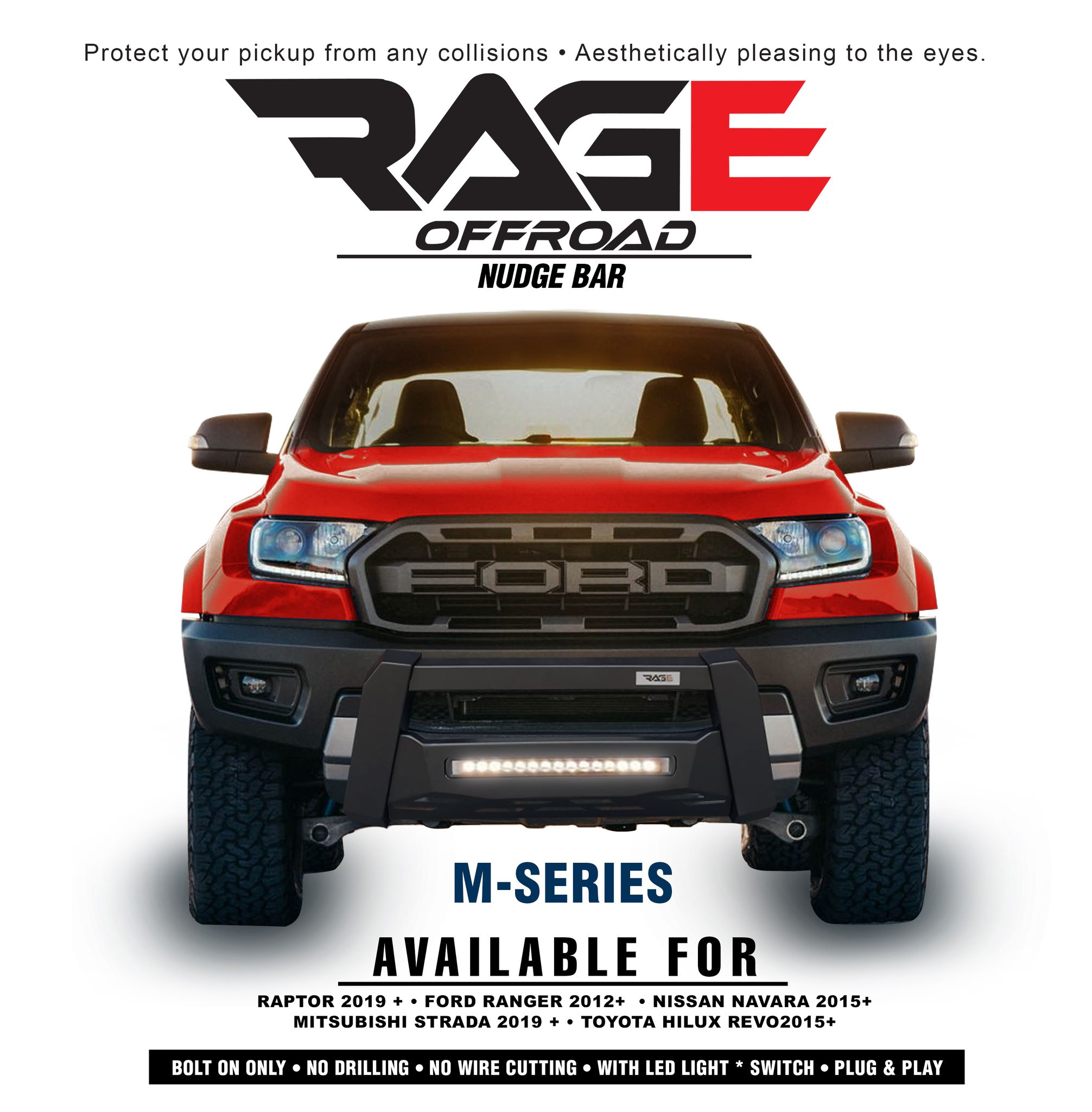 RAGE OFFROAD NUDGE BAR M-SERIES RAPTOR RANGER NAVARA HILUX REVO STRADA ...