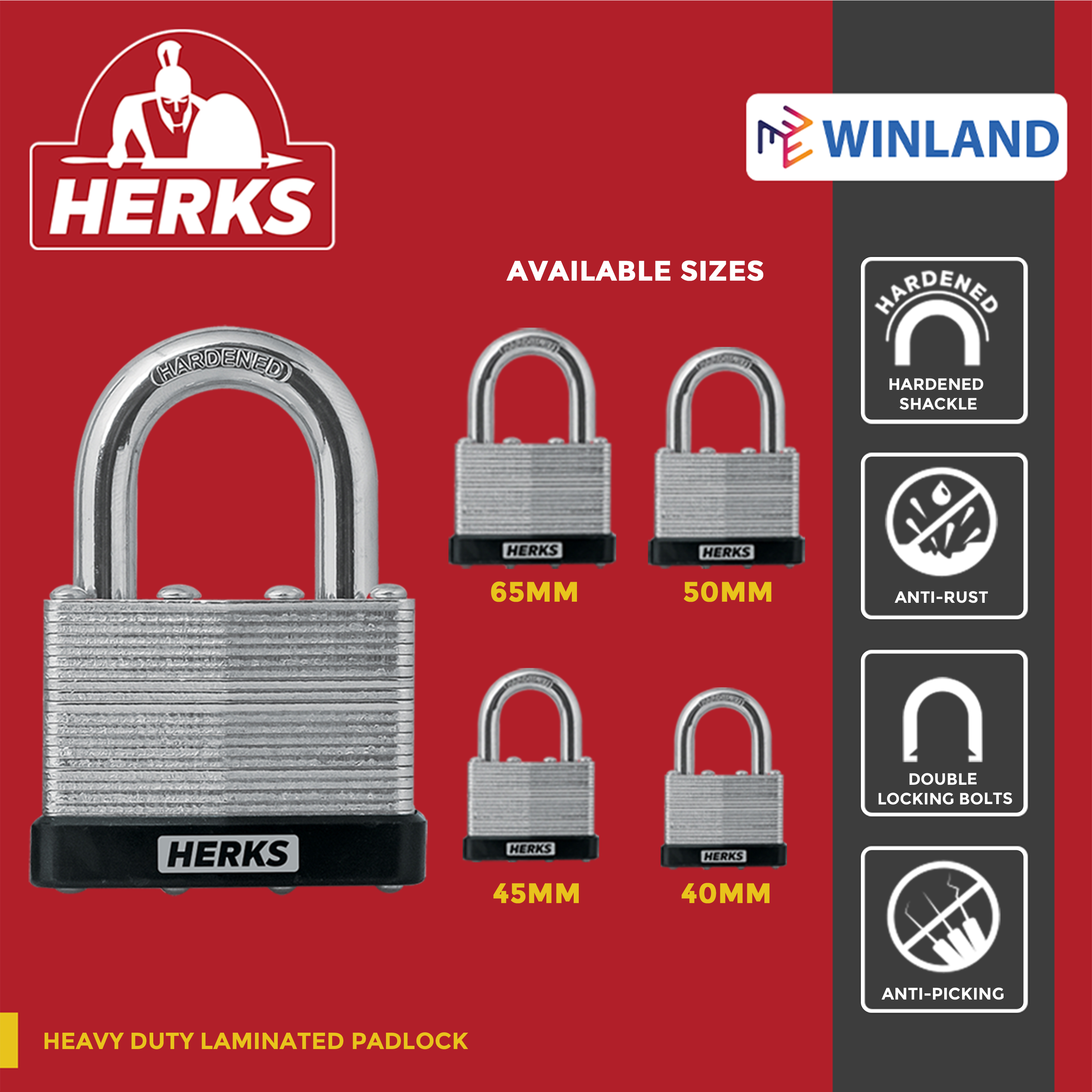 HERKS by Winland Heavy Duty Laminated Padlock - Short Shackle (40mm ...