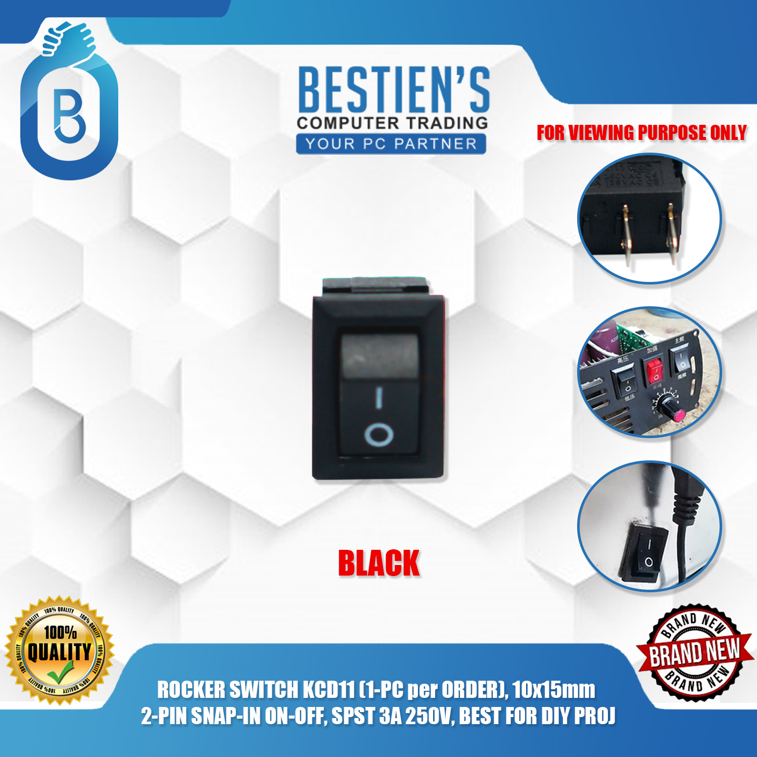 ROCKER SWITCH KCD11 (1-PC per ORDER), 10x15mm 2-PIN SNAP-IN ON-OFF ...