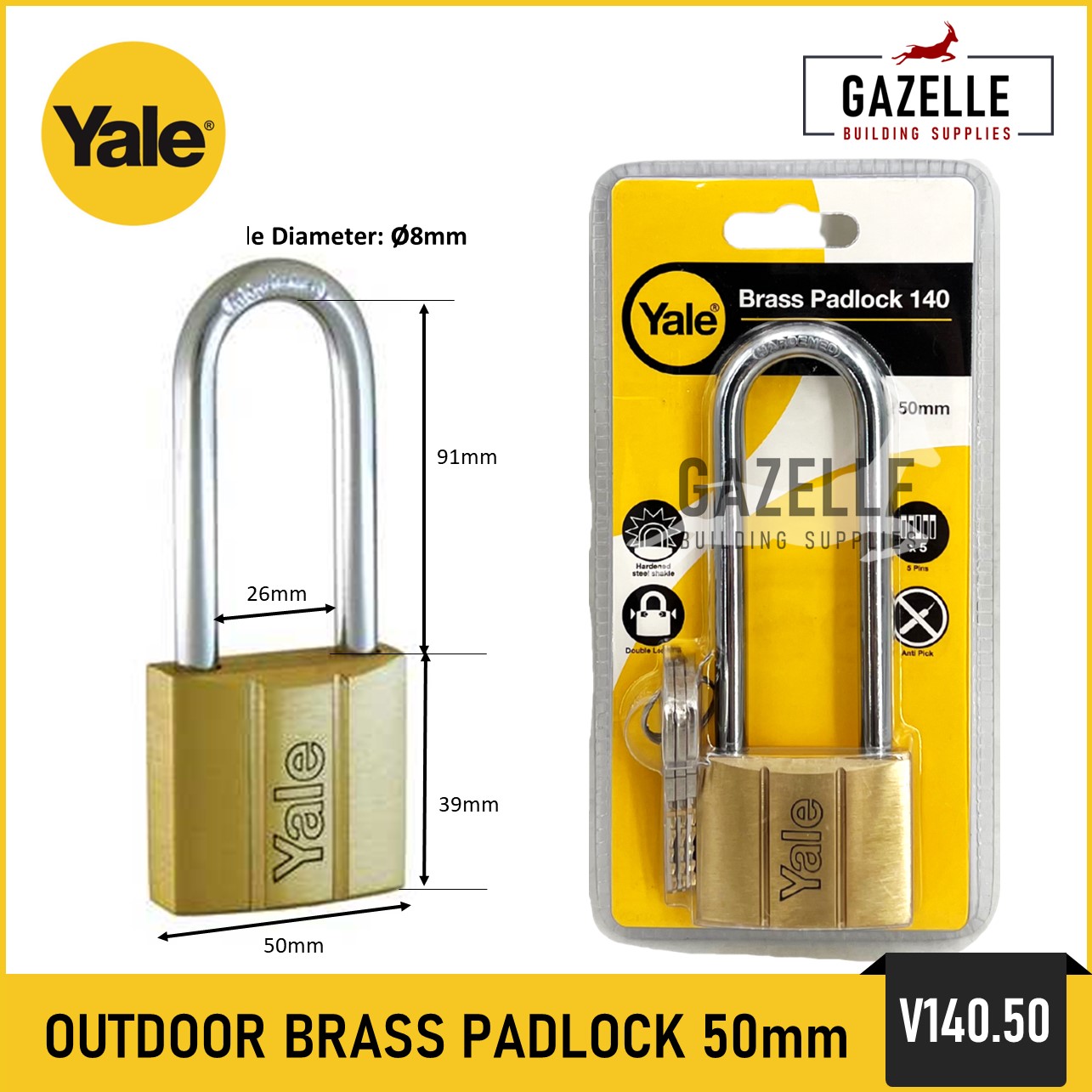 Yale V140 Outdoor Brass Heavy Duty Long Shackle Padlocks w/ 3 Keys - 30mm / 40mm / 50mm | Lazada PH