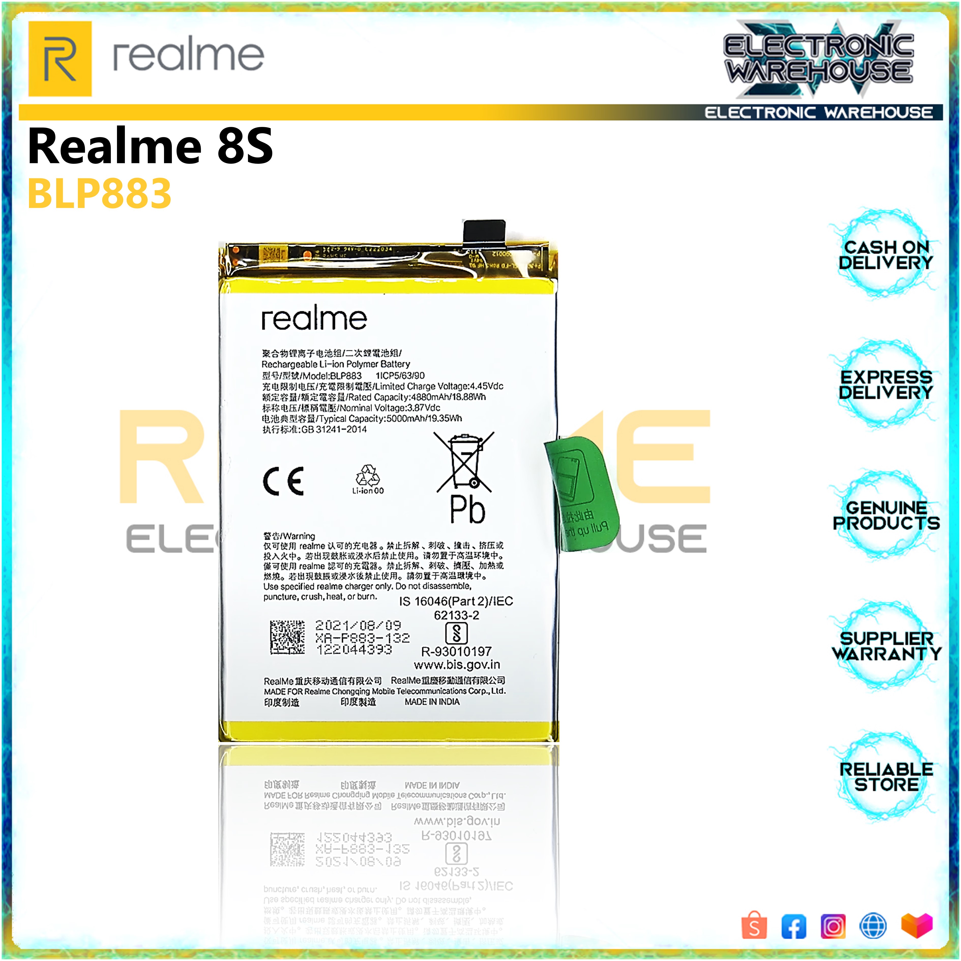 New Realme 8s Battery BLP883 5000mAh Capacity | Lazada PH