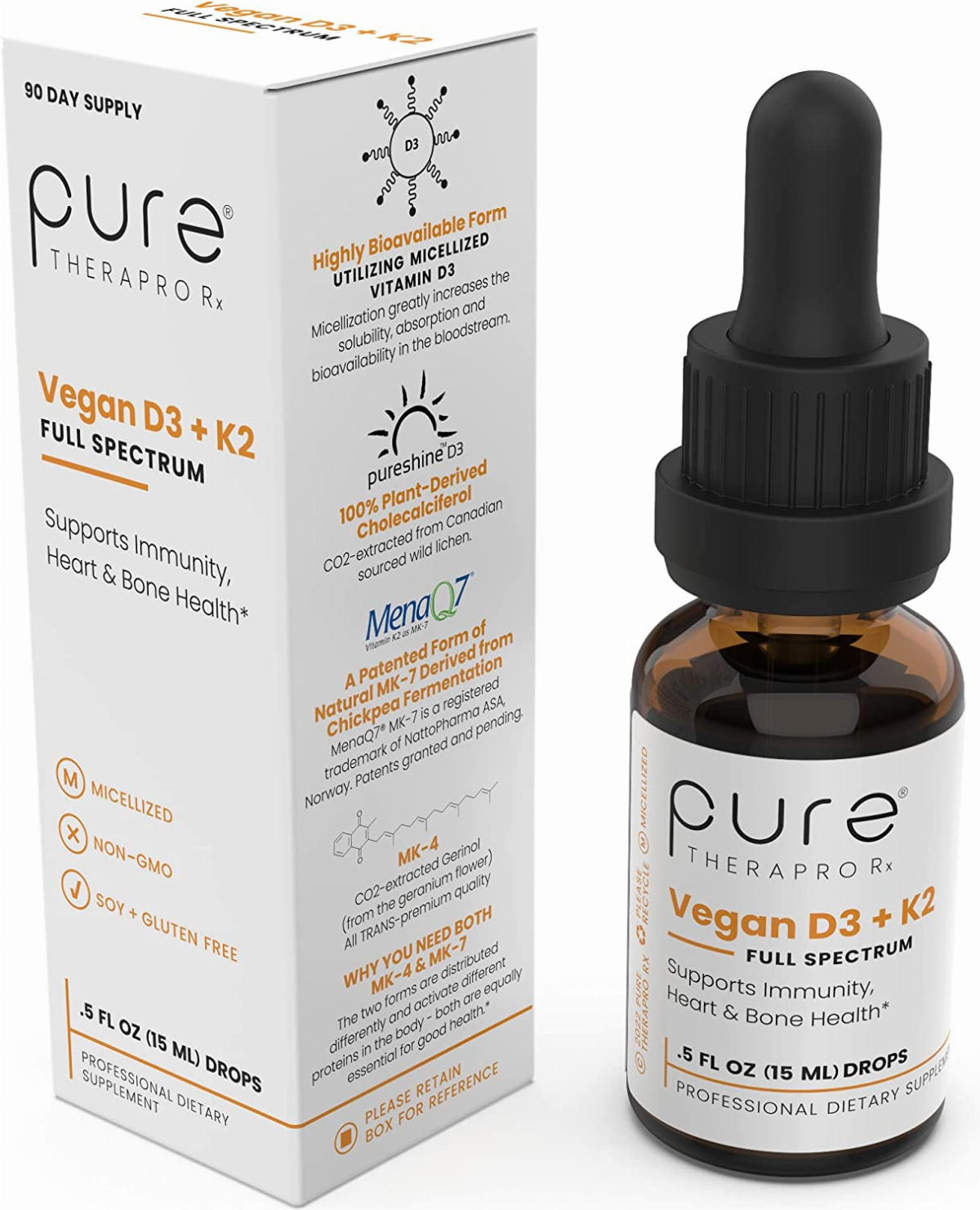 Pure Therapro Rx Vegan D3 + K2 Organic Full Spectrum Liquid for Maximum Absorption | 5 Drops ...