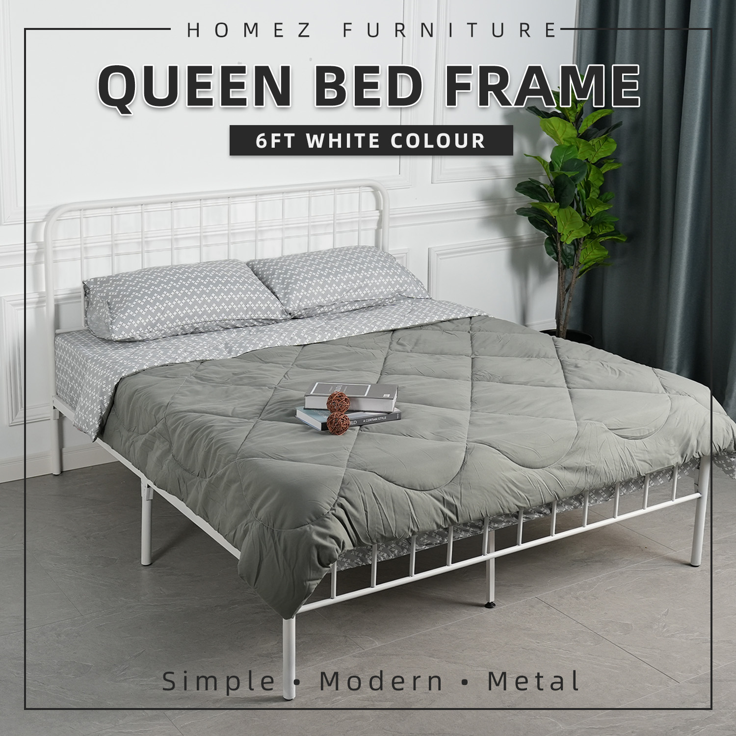 Homez 6.3FT 3V Powder Coated Metal Queen Size Bed Frame-FYDB-0025 ...