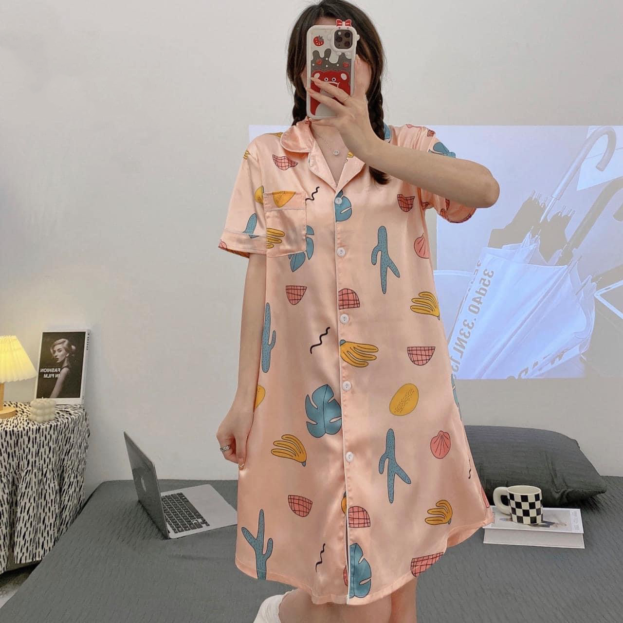 Cand Womens Satin Silk Floral Cartoon Nightdress Dress Daster