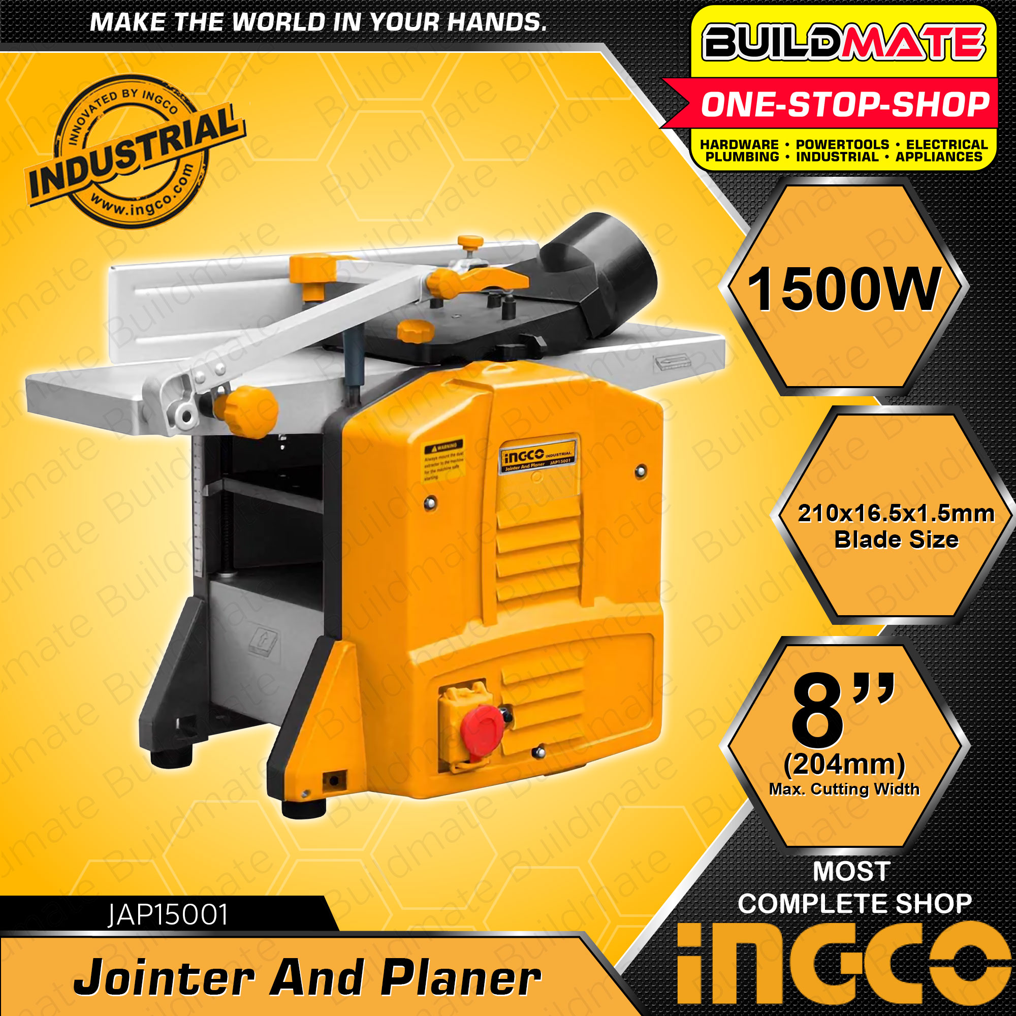 BUILDMATE Ingco Wood Jointer And Planer 1500W 8" Inch Planer/Jointer Electric Benchtop Jointer ...