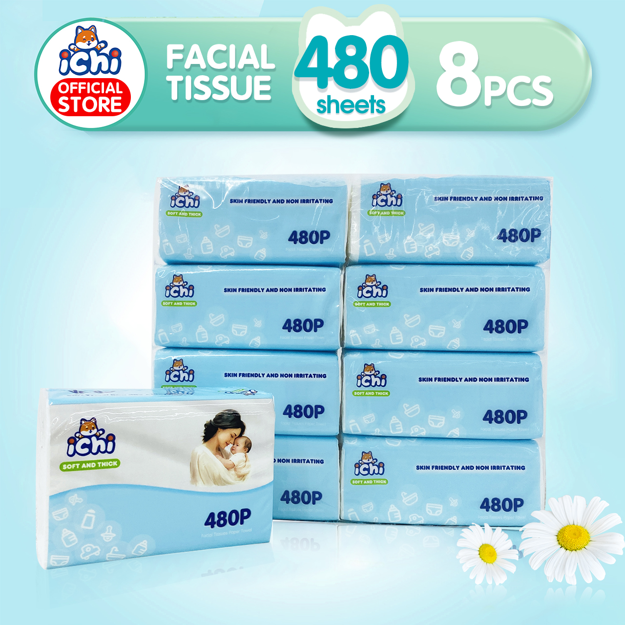 480 sheets Tissue 1pack(8pcs) ICHI Organic Facial Tissue Paper towel 3 ply ichi wood taste ...