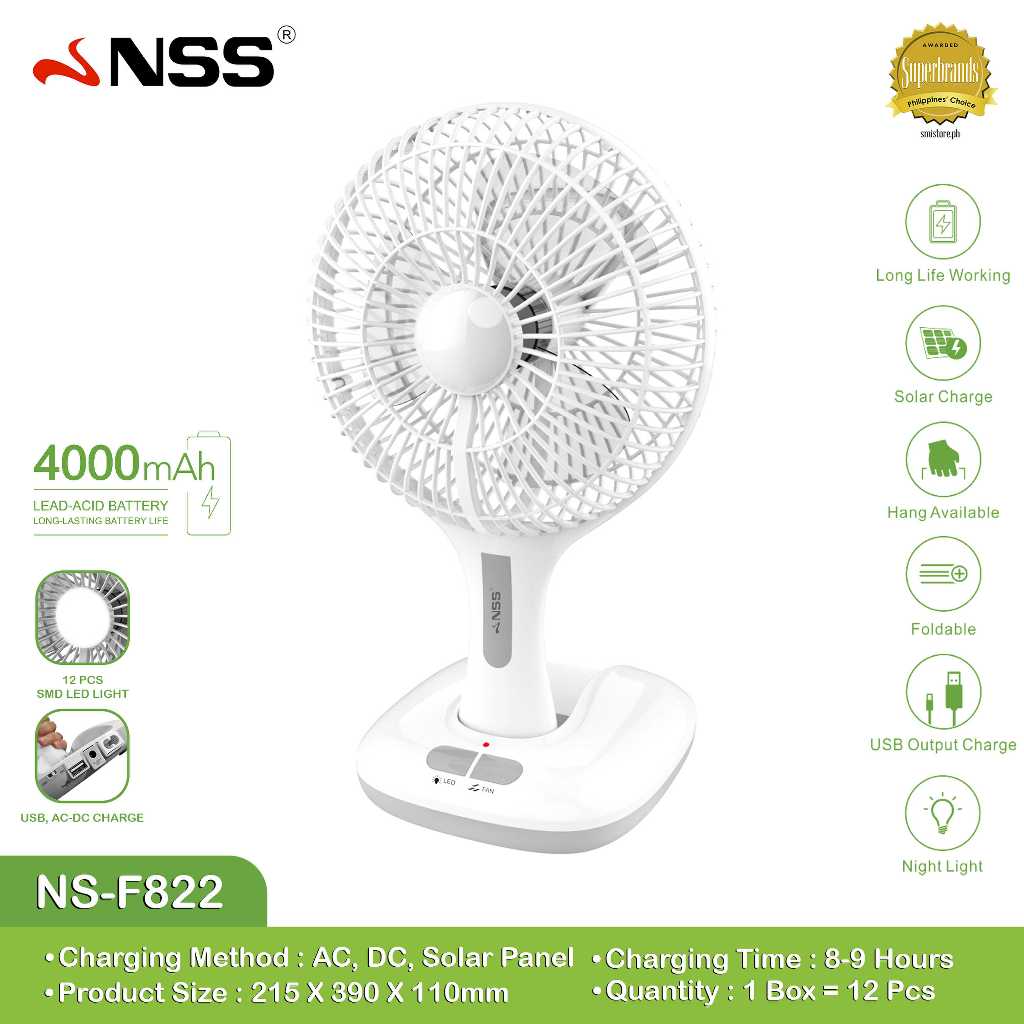 NSS Solar Fan Rechargeable Solar Fan 12 inch Desk Fan with LED Light ...