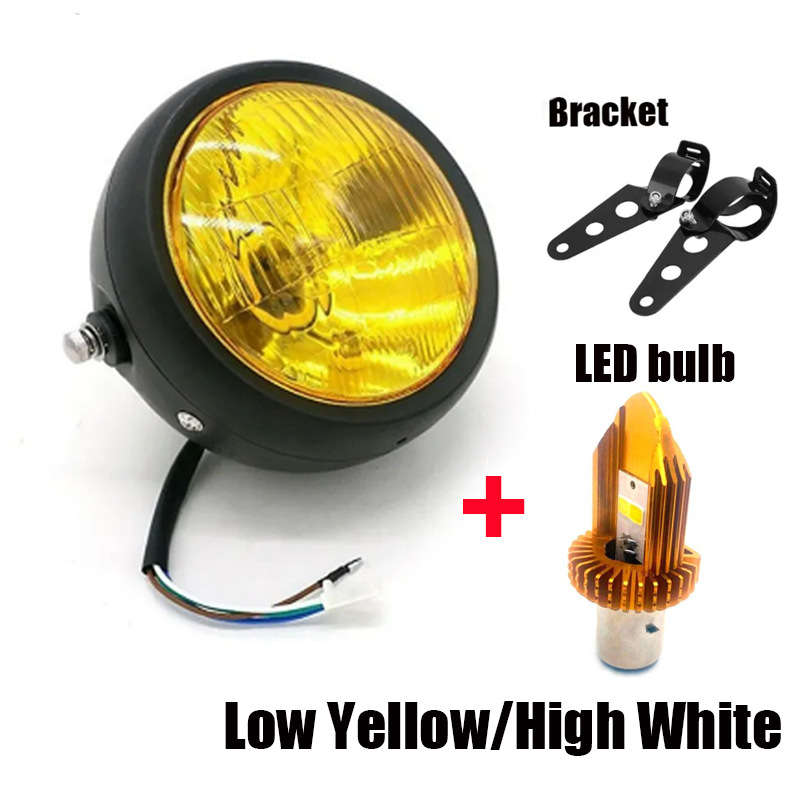 6.5 INCH Universal Round Motorcycle Headlight Vintage （Yellow/White ...