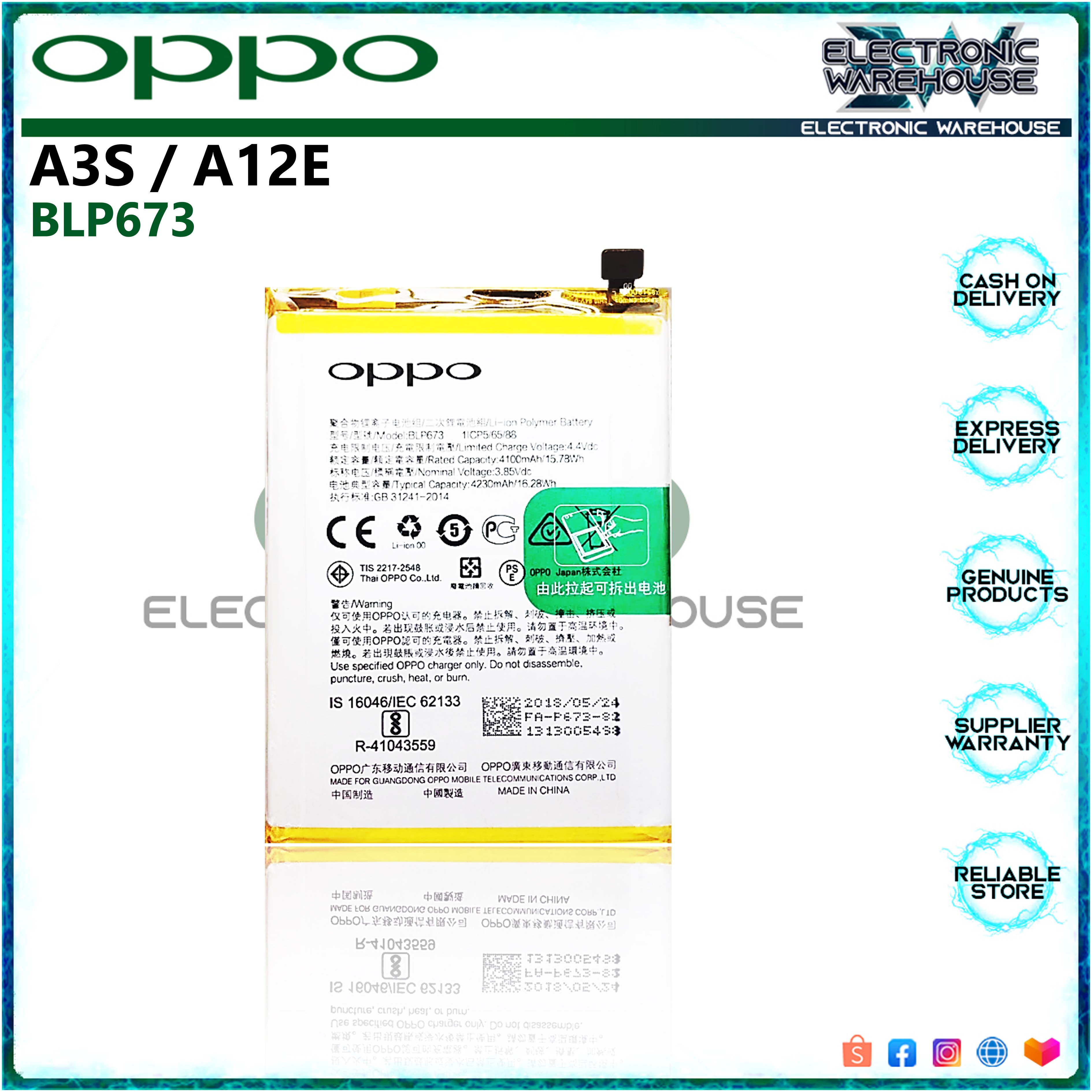 Battery for Oppo A3S / A12E Model BLP673 4230mAh Capacity | Lazada PH