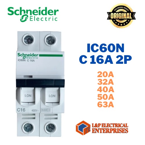Schneider Miniature Circuit Breaker ic60N 2 Pole 16A Amperes AC/DC C-Curve Industrial Commercial ...