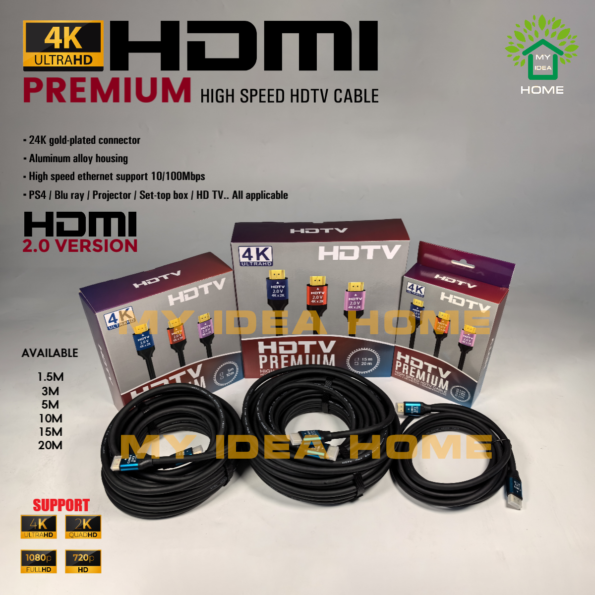 CWH HDMI Cable 1.5M 3M 5M 10M 15M 20M 4K HD 2.0 Version High Speed UltraHD Gold Plated Connector ...