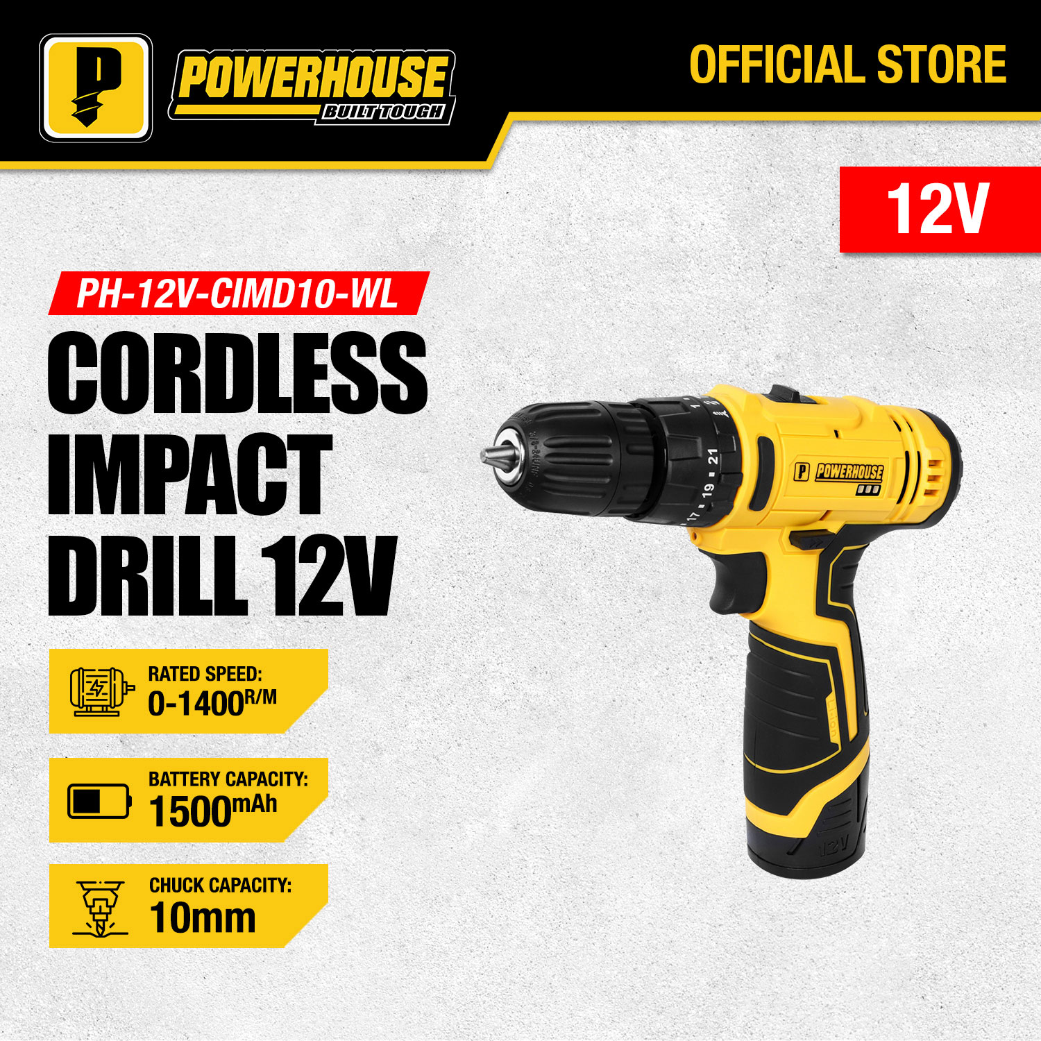 POWERHOUSE Cordless Impact Drill with hammer function for concrete 12V ...