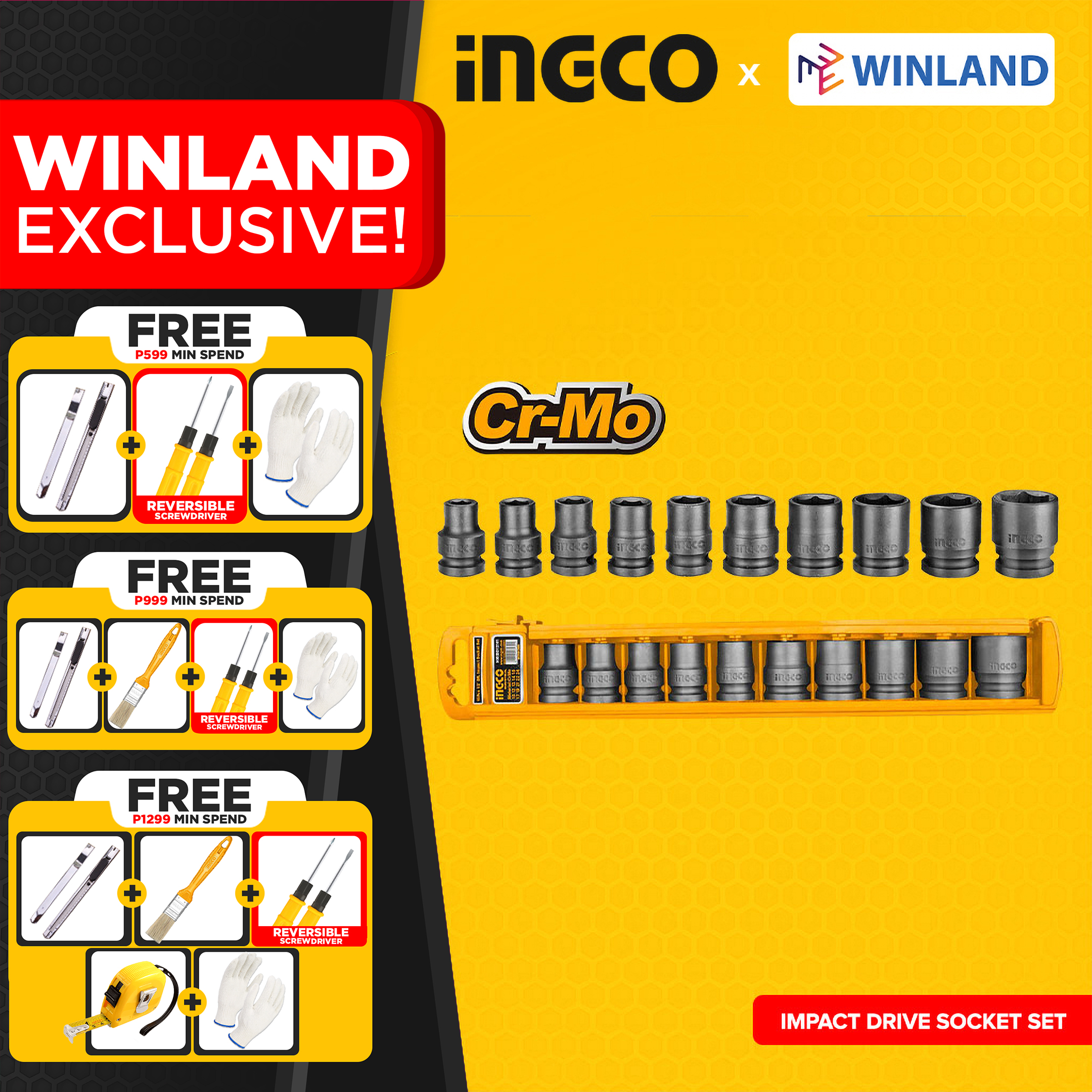 INGCO by Winland 10Pcs 1/2 Industrial Impact Driver Socket Set Cr Mo ...