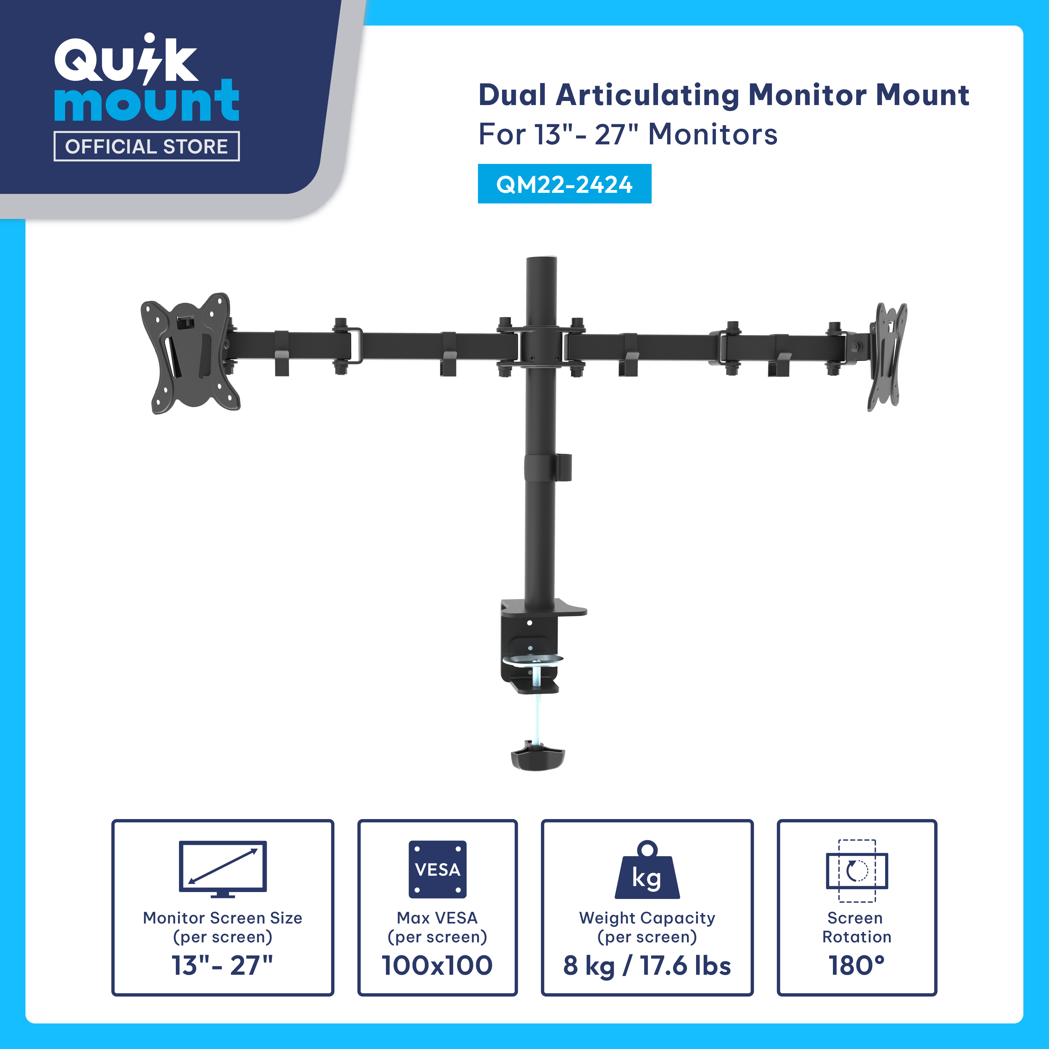 Quikmount Dual Articulating Monitor Mount For 13"-27" Monitors (QM22 ...