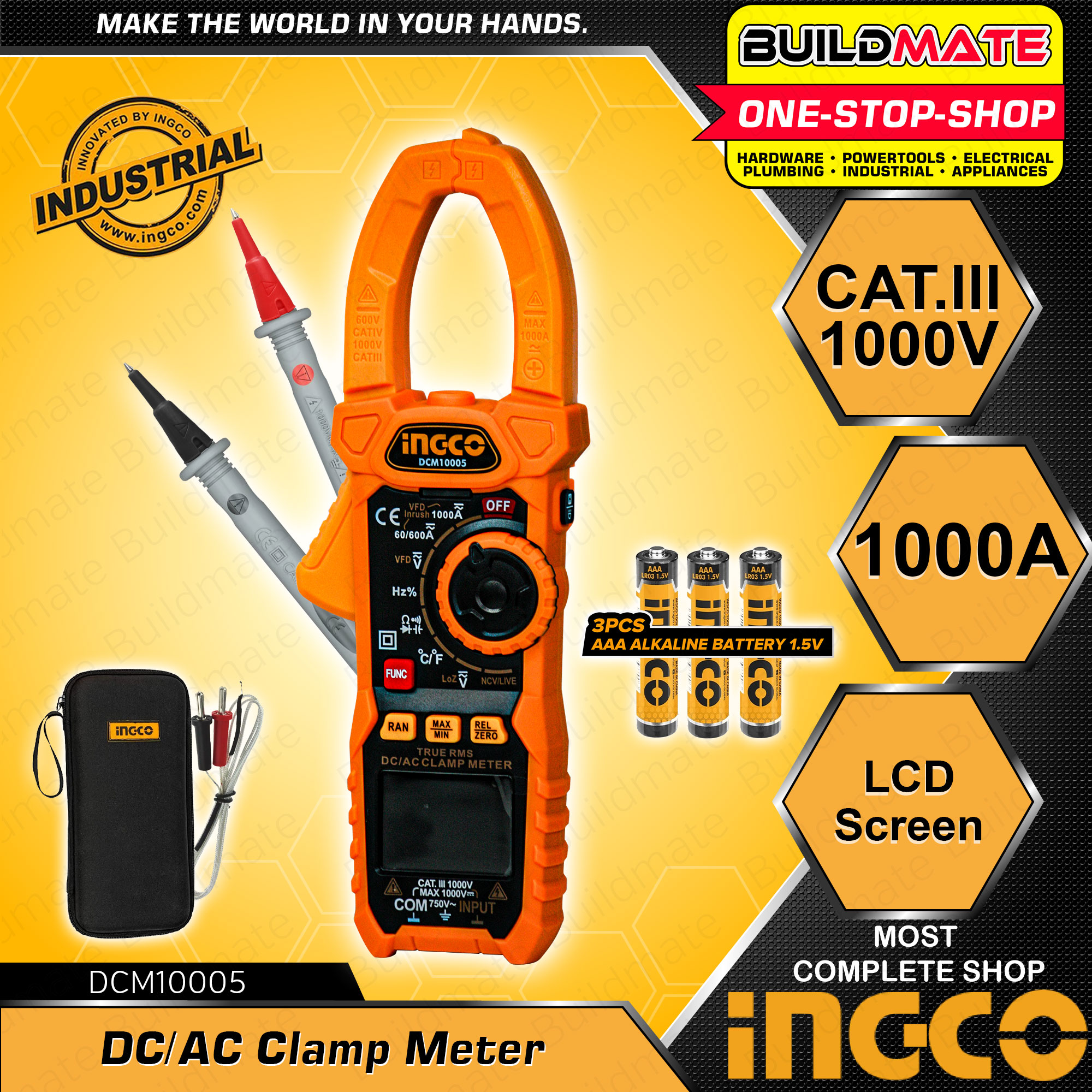 INGCO DC/AC Digital Clamp Meter 1000Amp 6000C AC Current Voltage With ...