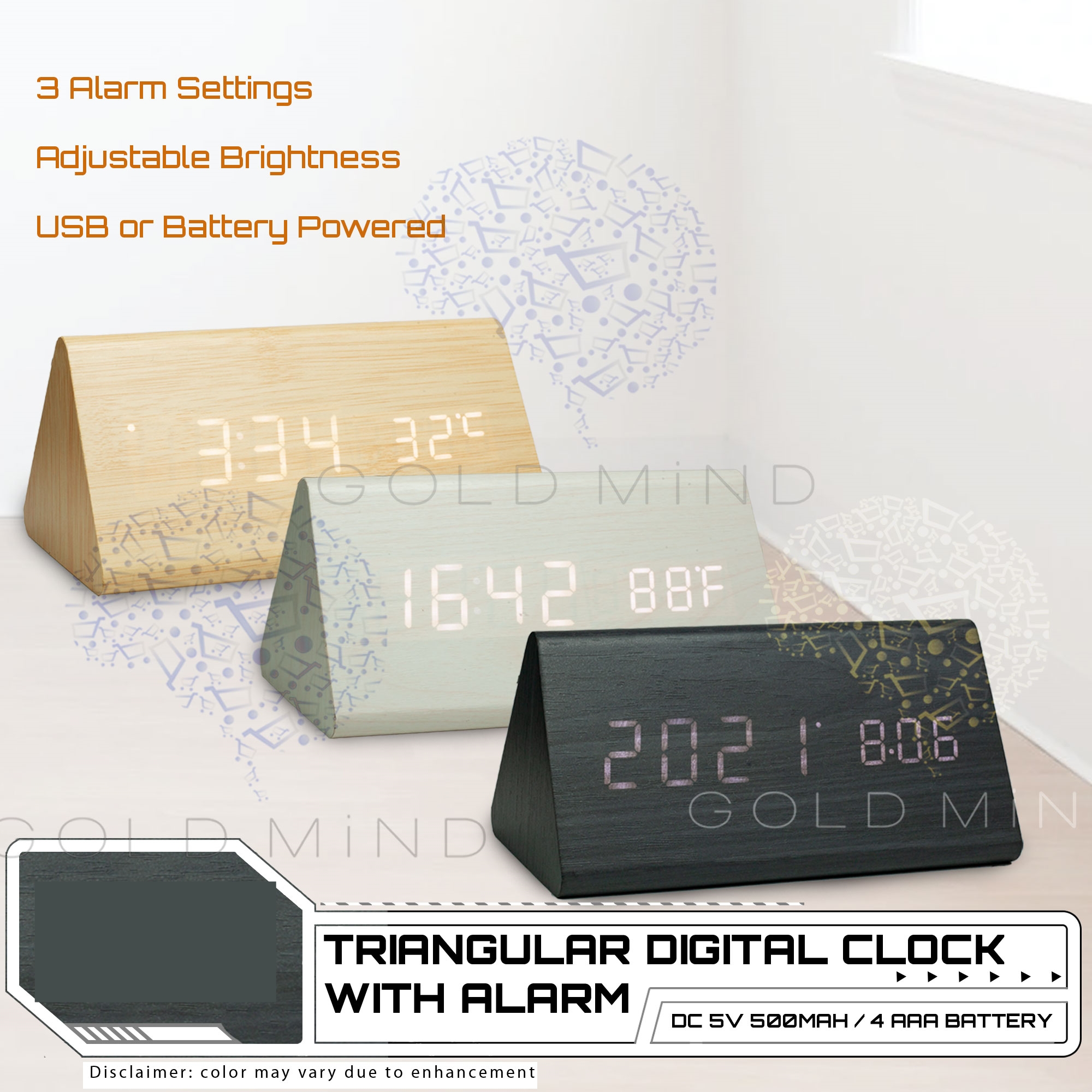 Wooden Digital Alarm Clock Display Date Temperature & Humidity 3 Levels ...