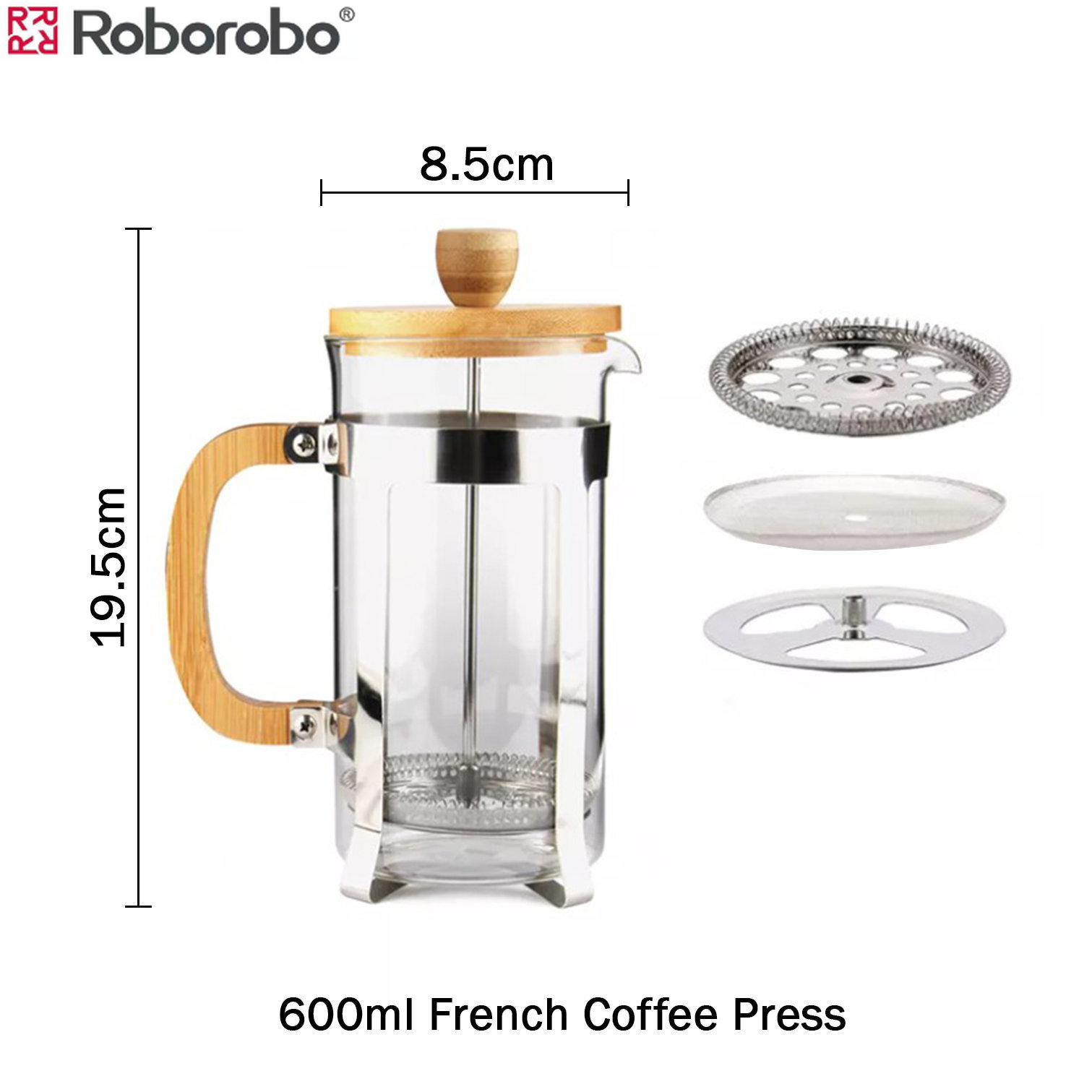Roborobo Natrual Bamboo Lid Handle Glass Press Coffee Maker Stainless ...