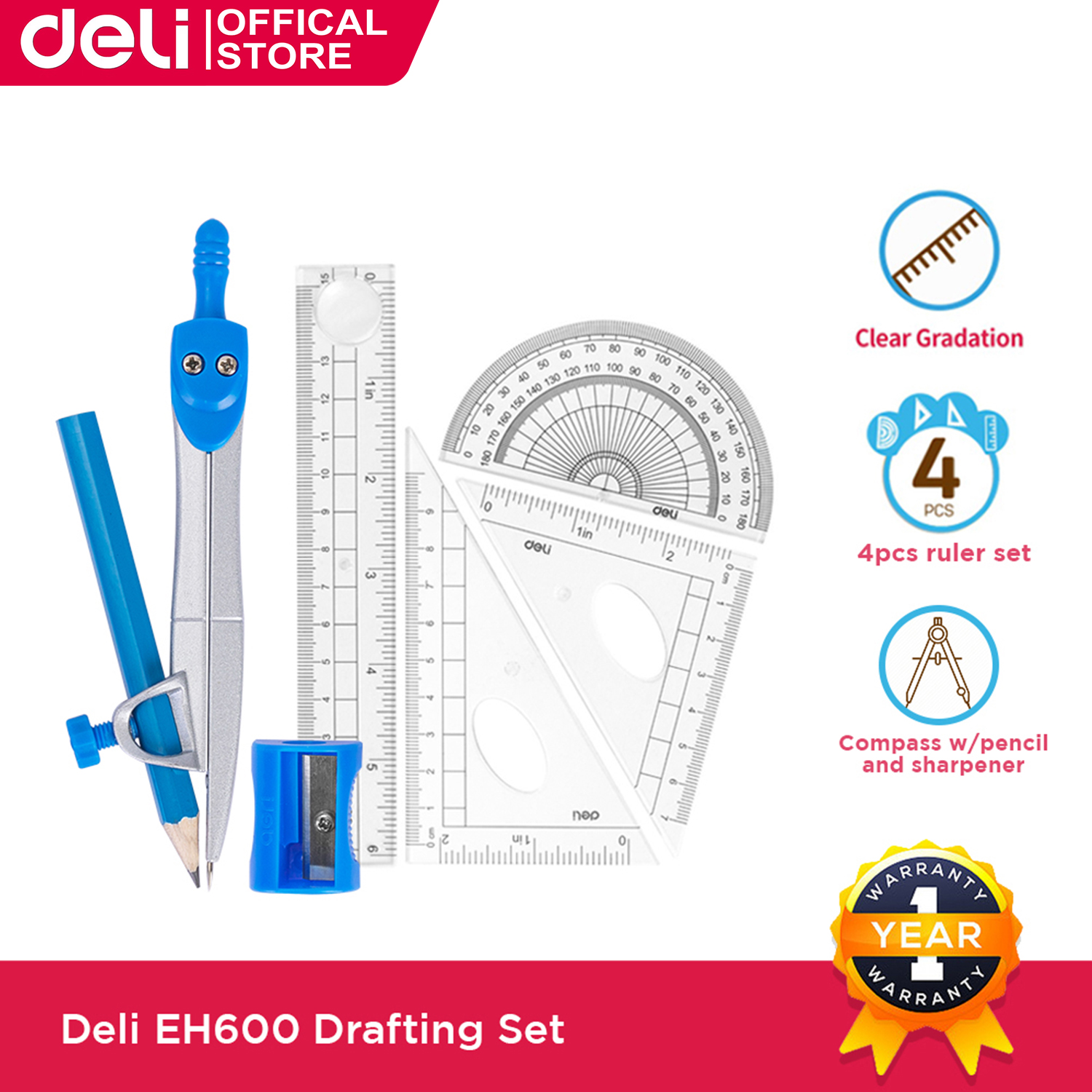 Deli 6Pcs Pencil Compass Drafting Set With Ruler Pencil And Sharpener ...