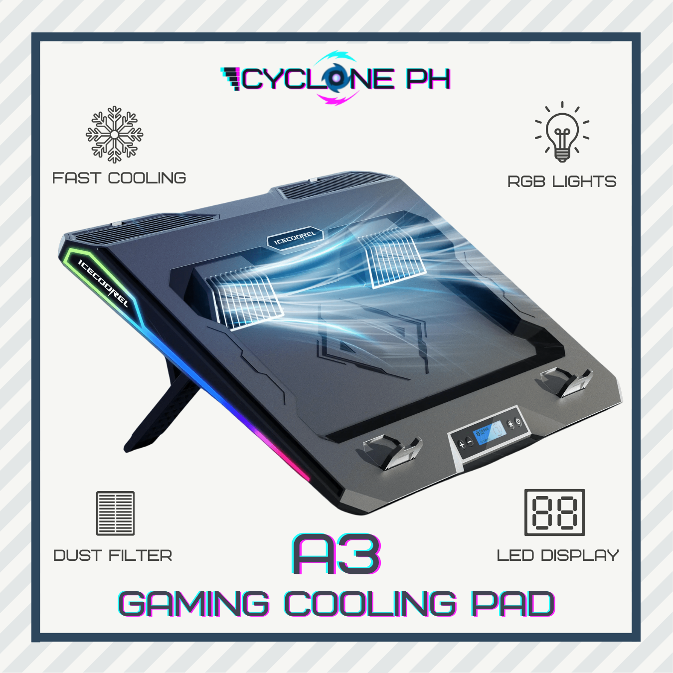 (Cyclone PH) Ice Coorel A3 High RPM Cooling Pad for 14-17 inch Laptops Cooler Fan with Seal Foam ...