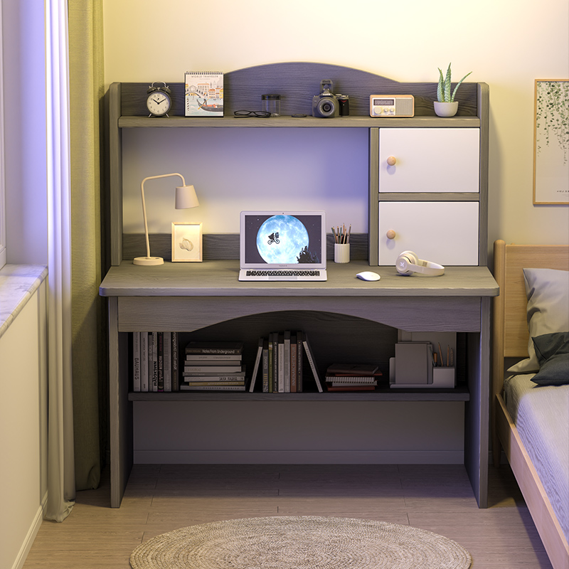 Wood Computer Desk Table with Bookshelf Integrated Desktop Home Study ...