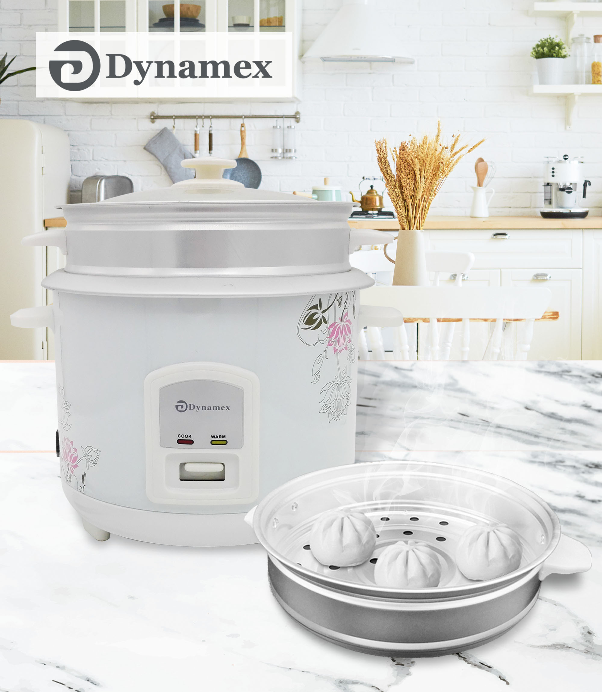Dynamex 1.5L Rice Cooker with Steamer Basket DYMX028 White Floral ...