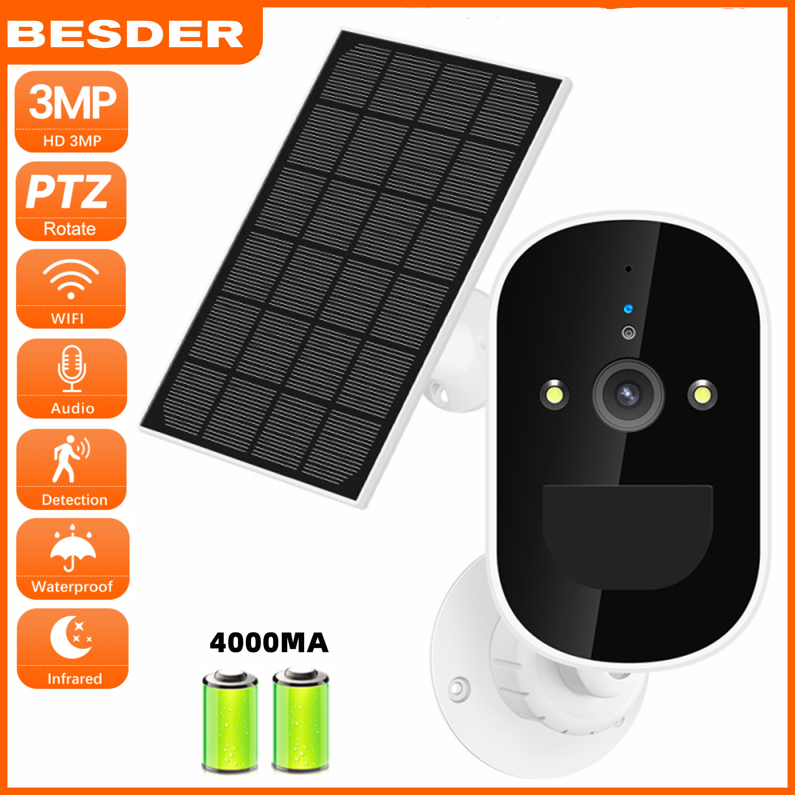 BESDER 2MP 3MP Wireless Solar Wifi Camera CCTV Security Camera Outdoor ...
