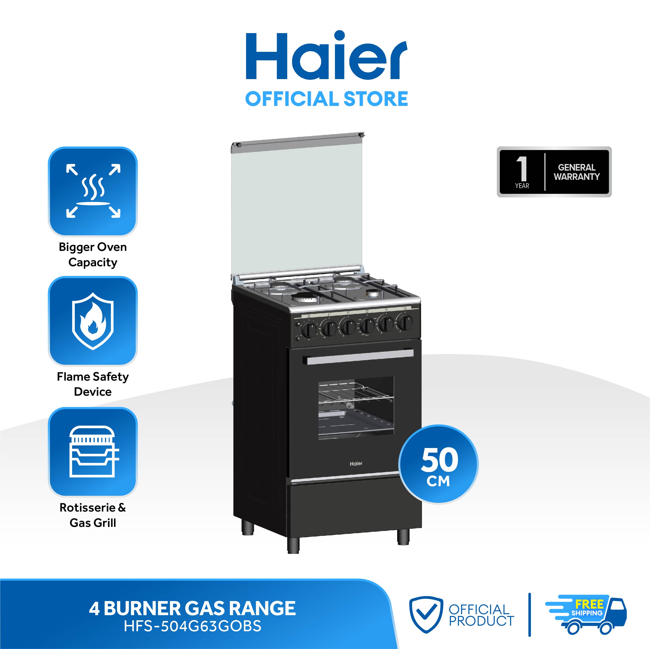 Haier HFS-504G63GOBS 50cm Gas Range 4 Burners with 63L Double Burner ...