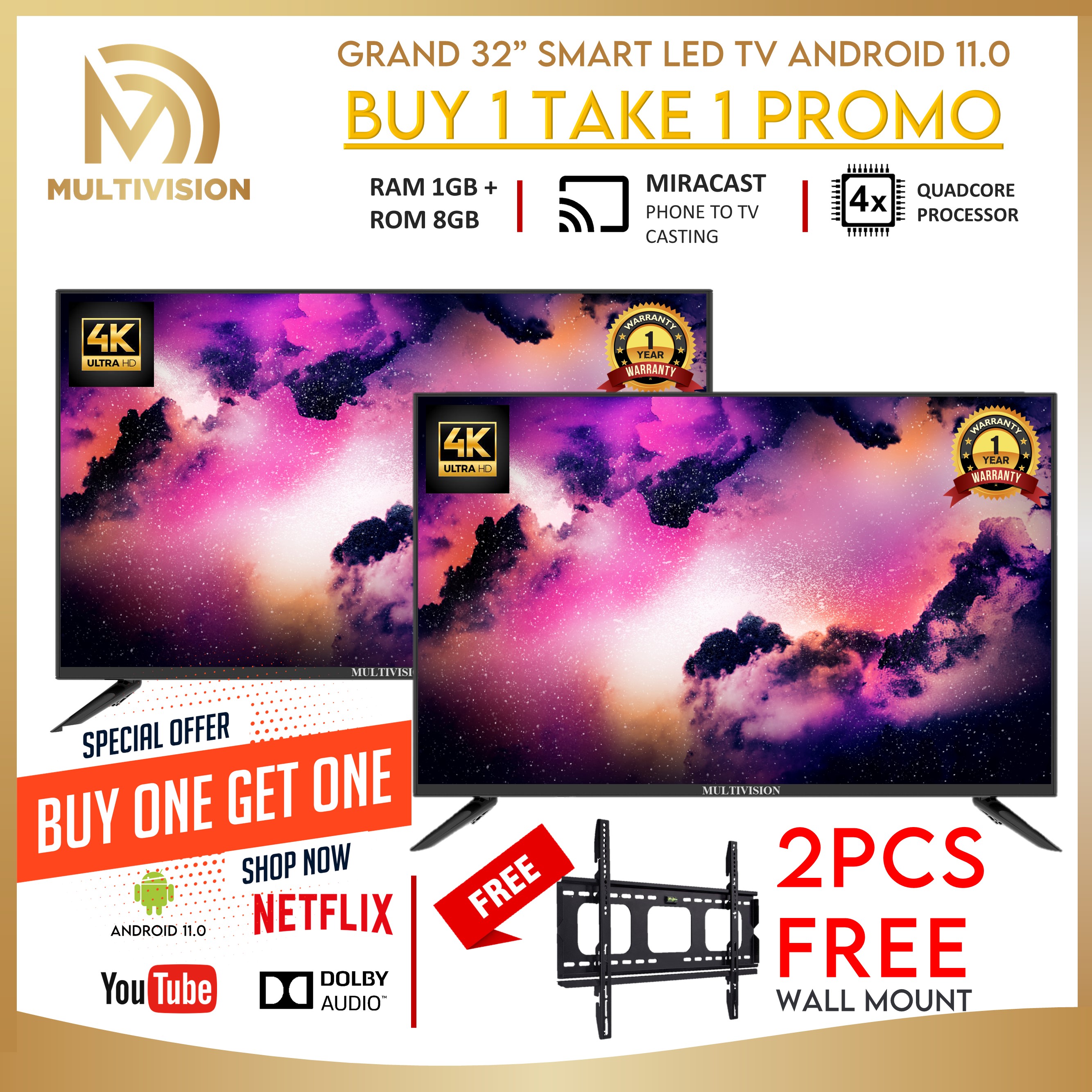 Multivision 32" B1T1 Android 11.0 Smart LED TV, Netflix, Dolby, Voice ...