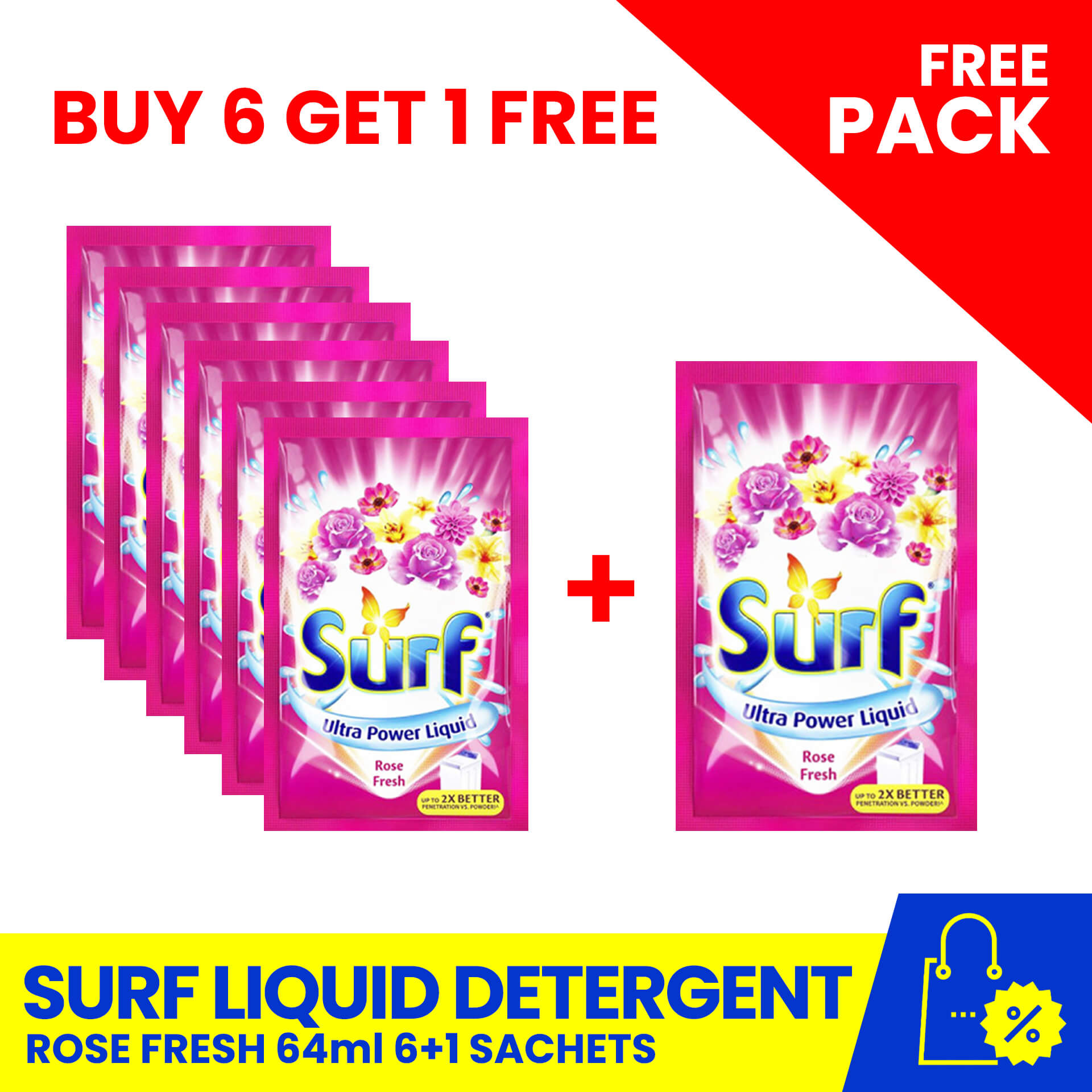 SURF Liquid Detergent Rose Fresh 64ml 6+1 sachets x 2 hangers, laundry ...