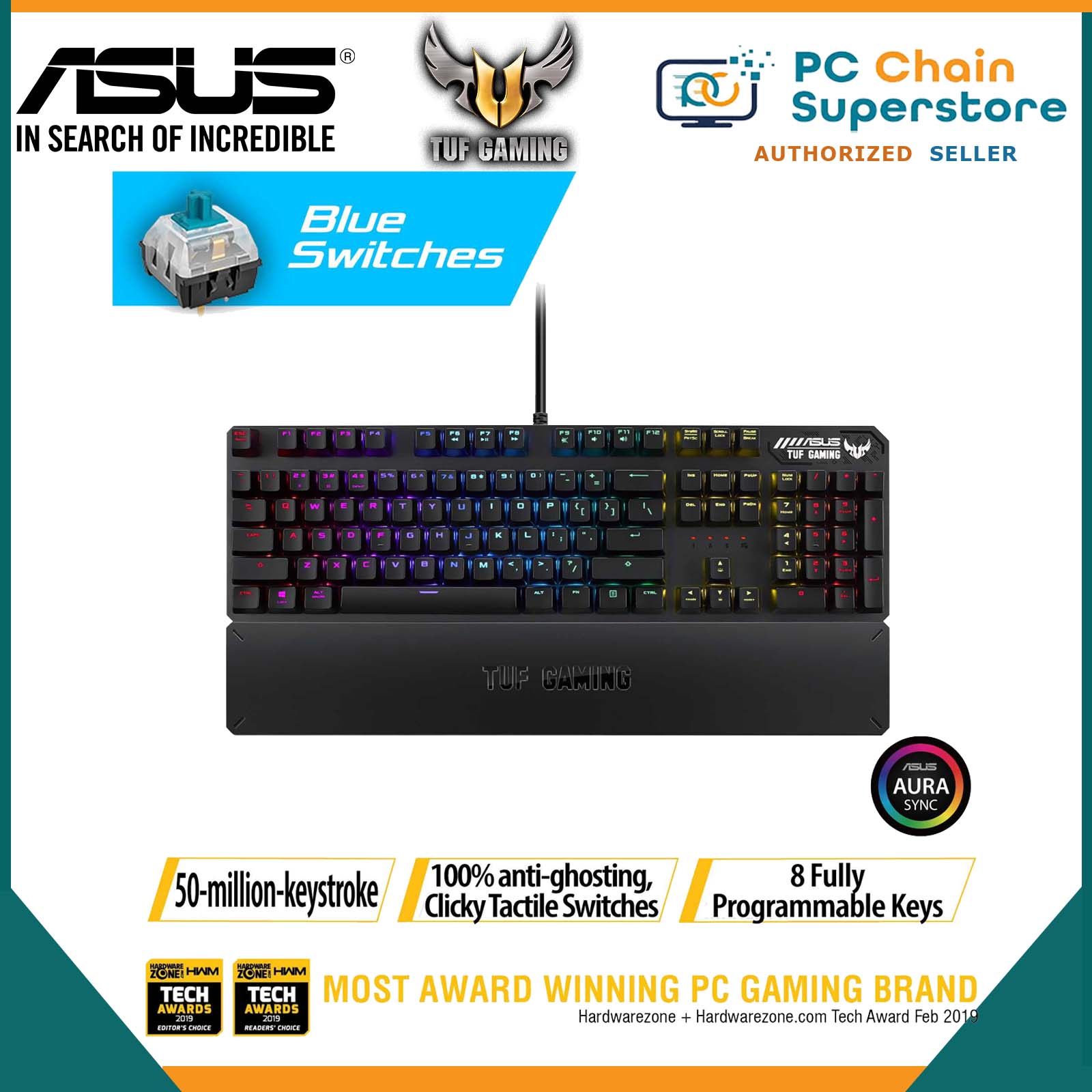 ASUS TUF Gaming K3 RGB mechanical keyboard with N-key rollover ...