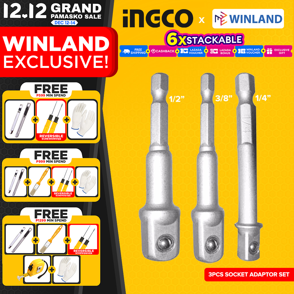 INGCO by Winland 3pcs Socket Adaptor Set with 1/4" Hex Shank AMN365A01 ...