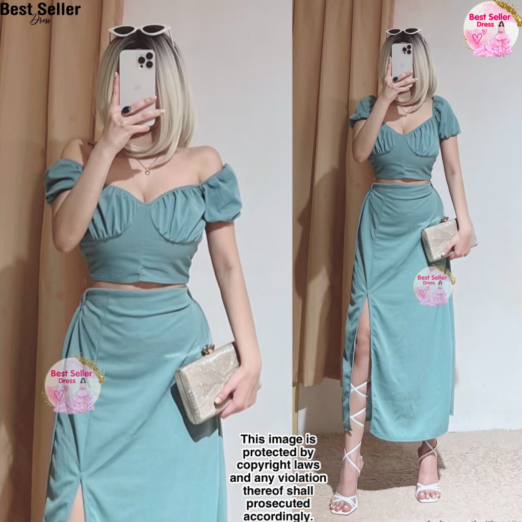 BEST SELLER SUMMER CROPTOP PUFF SLEEVES AND SKIRT WITH SLIT COORDINATES ...