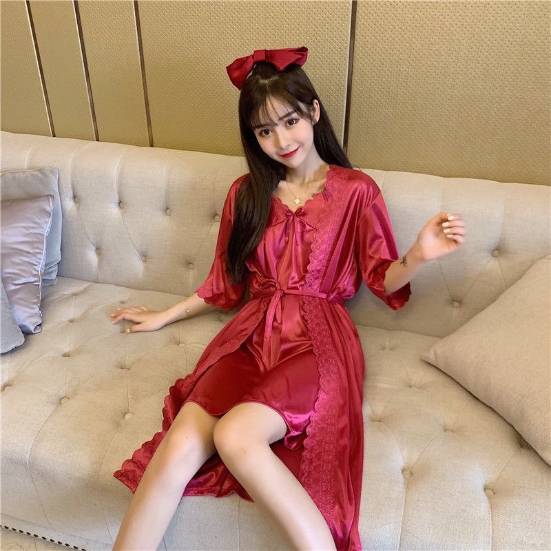 Korean 2 in 1 Silk Sexy Loungewear Lingerie Bridal Bathrobe Wear For ...
