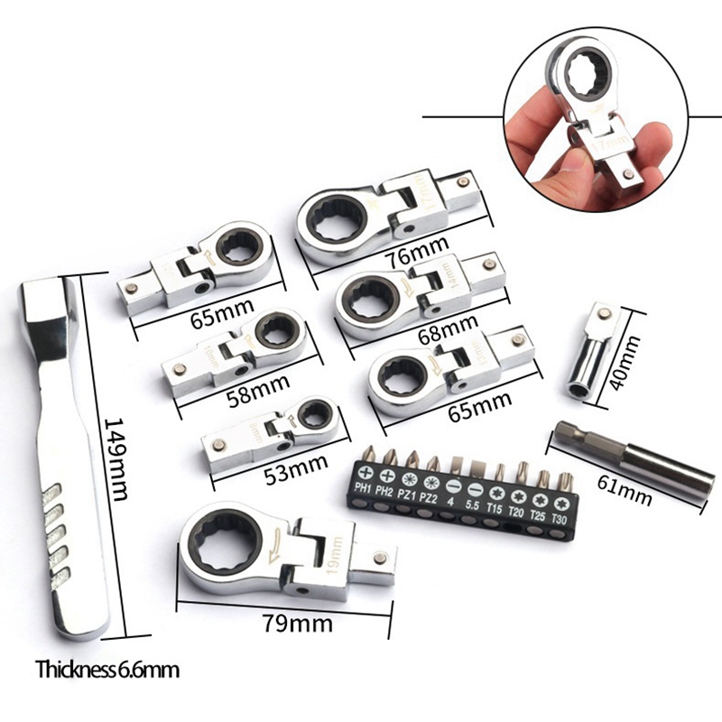 21 Pcs Shaking Head Interchangeable Ratchet Wrench Set 180° Rotating ...