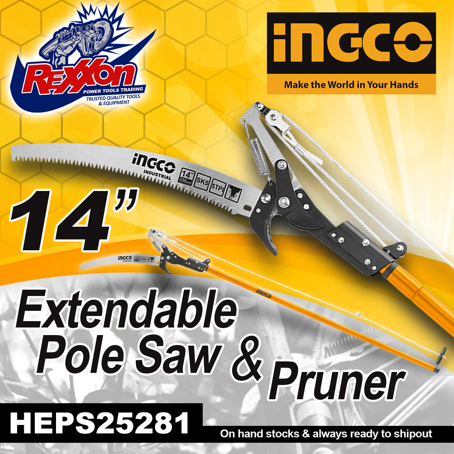 INGCO INDUSTRIAL 14" 350mm Extendable Pole Saw & Pruner HEPS25281 ...