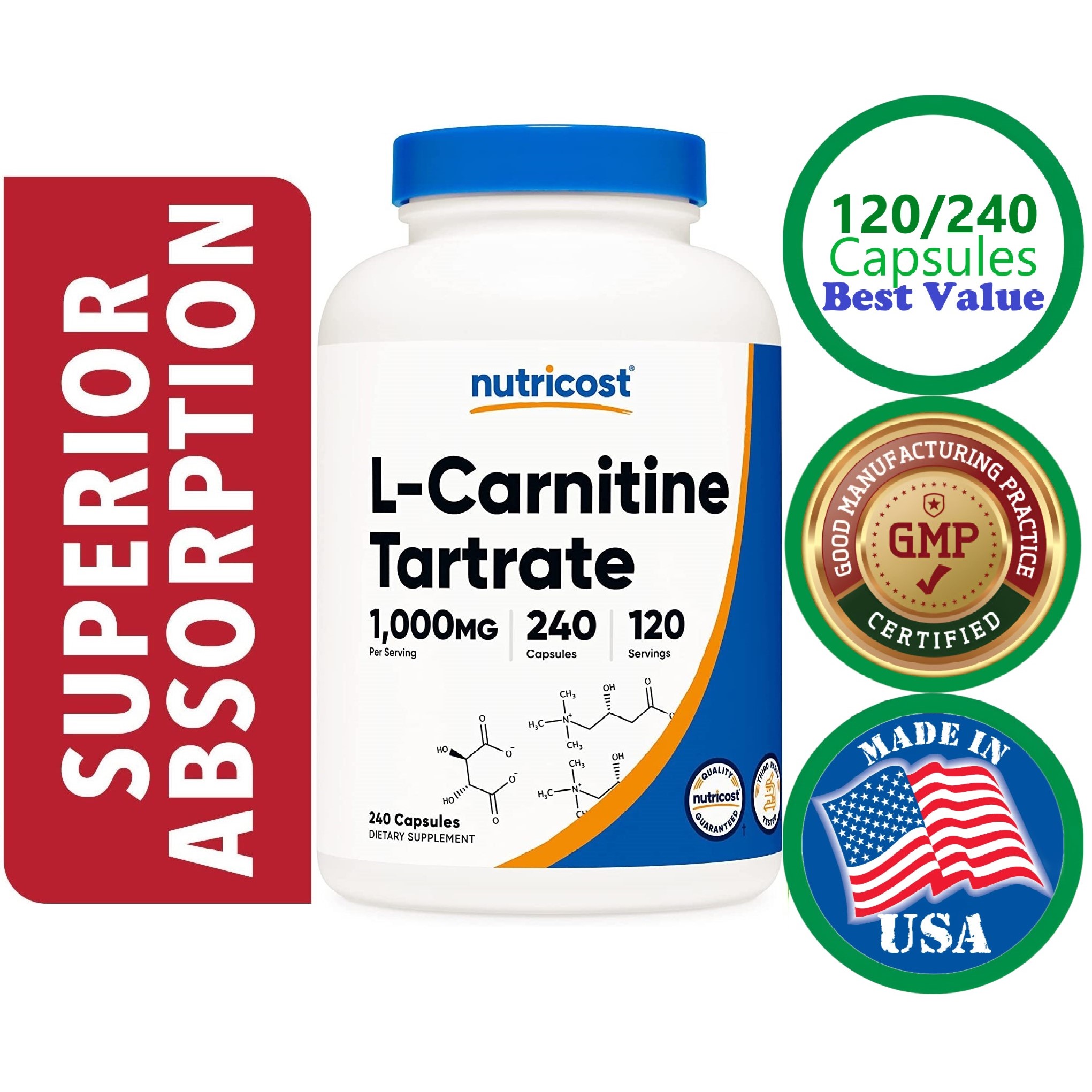 L Carnitine Tartrate 240/120 Caps (L-Carnitine) 1000mg Amino Acid ...