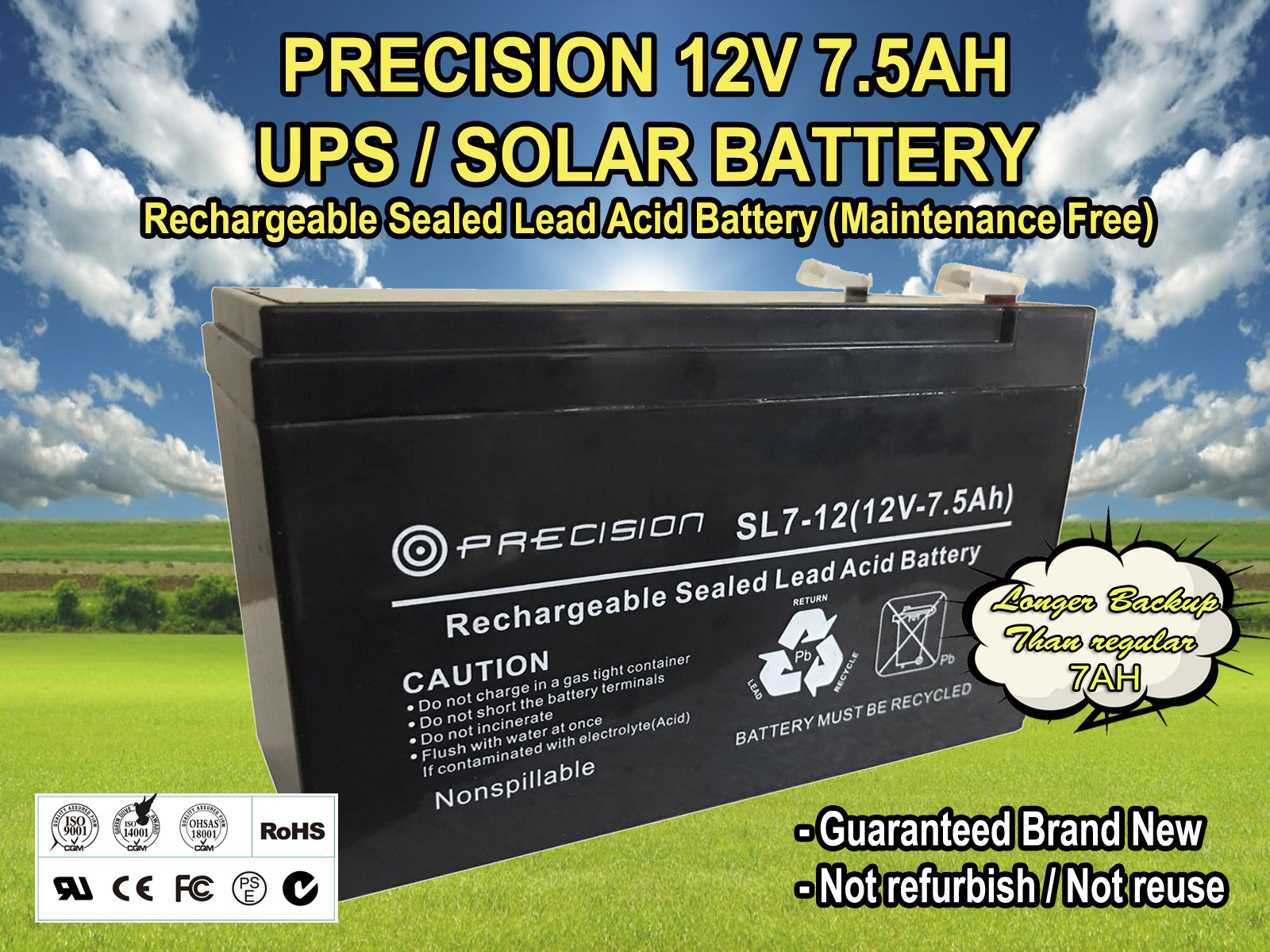 Precision 12V 7.5AH UPS Battery Rechargeable Sealed Lead-Acid Battery ...